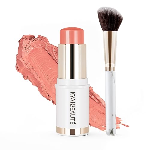 MYMERRY Blush Stick, Cream Blush for Cheeks and Lip Tint, Dewy Finish, Buildable & Blendable Color, Lightweight & Long-Lasting Formula | Tender-Peach & Angled Blush Brush(0.53fl.oz)
