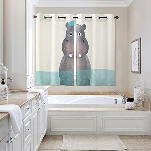 Possta Decor Window Curtain Drape Cartoon Hippo Blue Stream,Durable Panel Set with Grommet Top,Grey Animal River Horse Machine Washable Window Treatments for Kitchen Living Room
