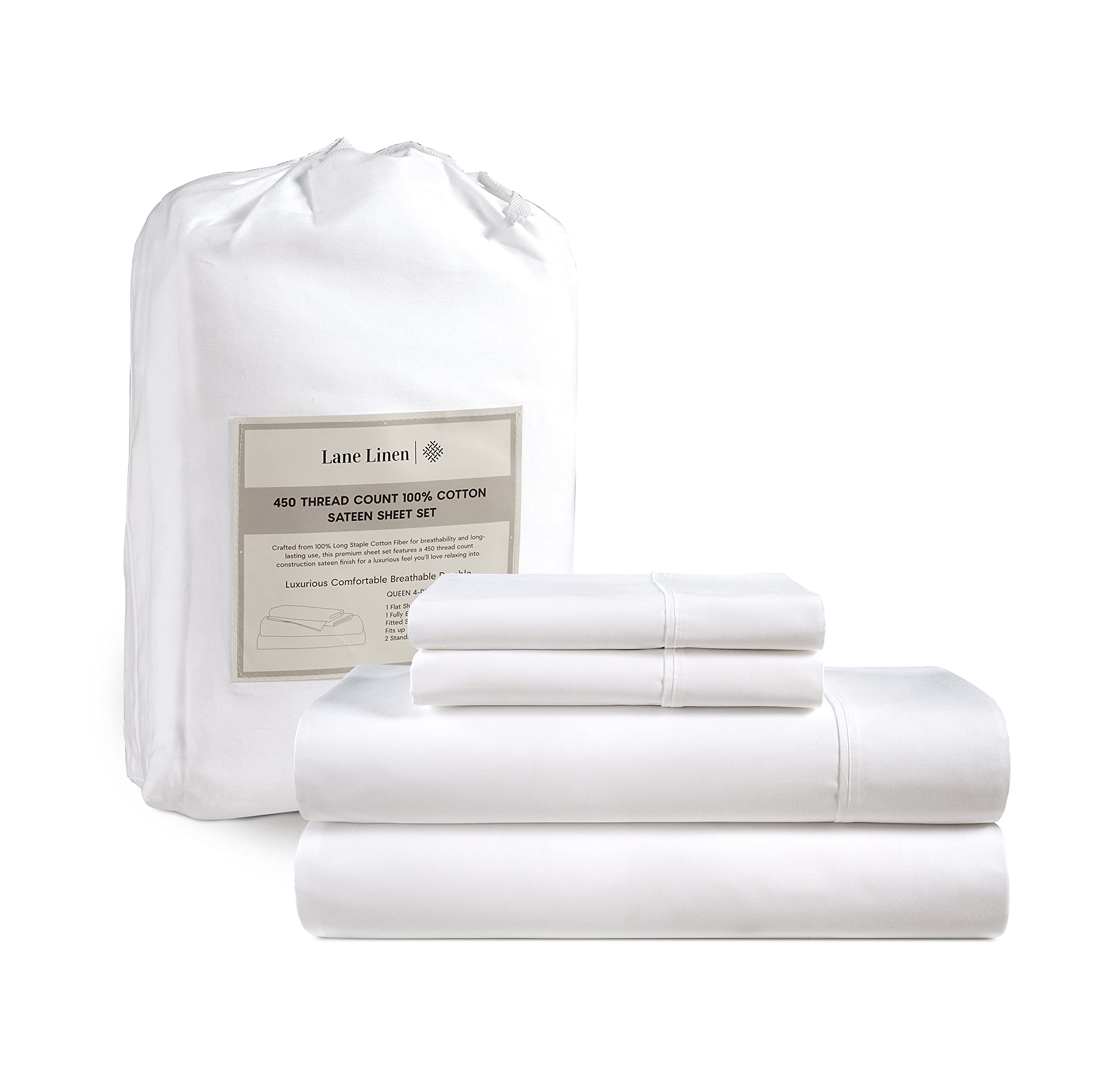 LANE LINEN 450 TC Queen Sheet Set, 100% Cotton Sheets for Queen Size Bed, Cooling Sheets Queen Size, Soft and Breathable Bed Sheets Queen, Deep Pocket Queen Sheets - White Queen sheets