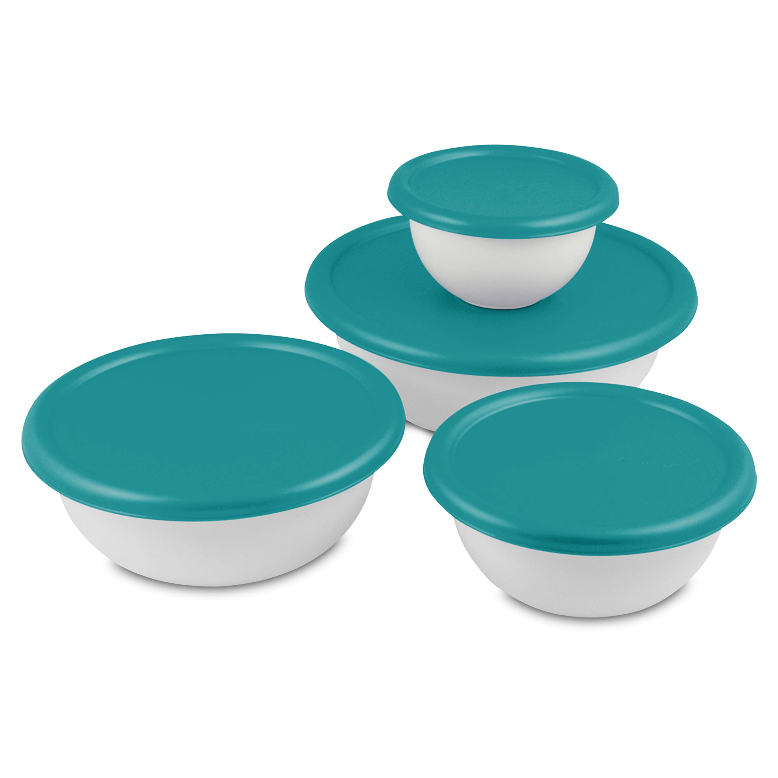 Sterilite 8-Piece Covered Bowl Set, 4 Plastic Bowls Ranging in Size w/ 4 Lids, Food Storage, Dishwasher and Microwave Safe, White and Teal lid, 6-Pack