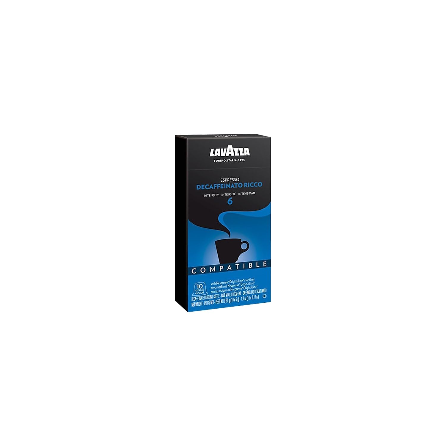 Lavazza Premium Coffee Corp Nespresso OriginalLine Compatible Capsules, Espresso Decaffeinato Ricco, Dark Roast Coffee, 10 Ct