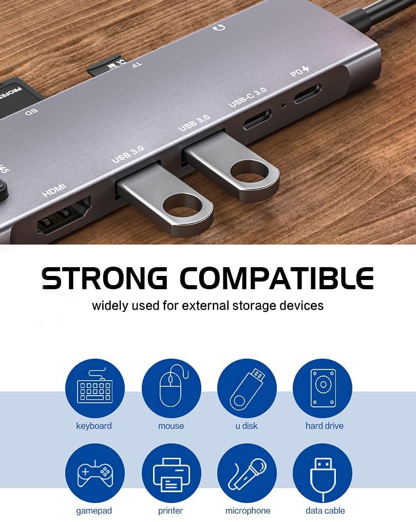 USB C Hub Mulitiport Adapter, 9-in-1 Hub with 1Gbps Ethernet,4K@30Hz HDMI,100W Power Delivery, 2 USB 3.0,SD/TF Card Slots,3.5mm Jack,USB-C3.0 Data, for MacBook Pro/Air iPad Pro M1/M2,Chromebook