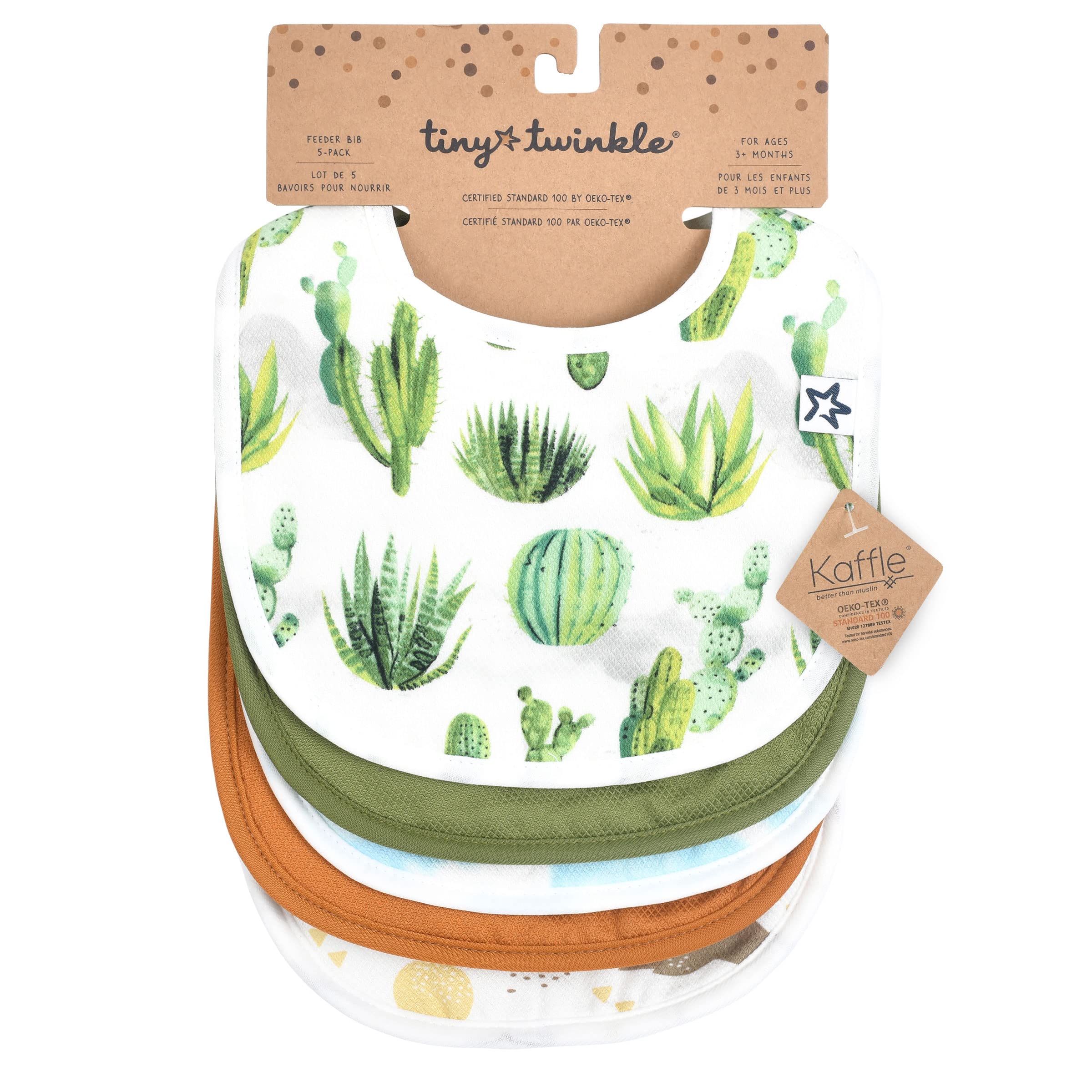 Tiny Twinkle Baby Feeding Bibs 5 Pack Set - Absorbent and Waterproof Baby Bibs for Feeding Infants (Cacti 5-Pack)
