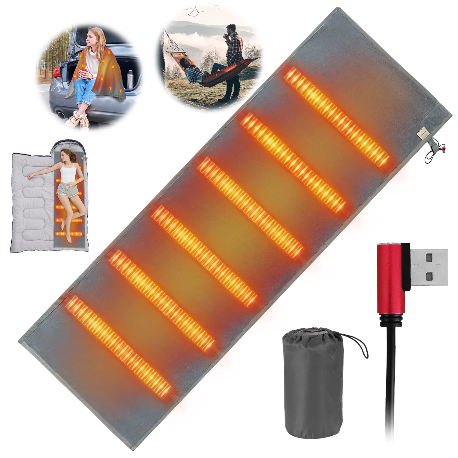 PANGTIKU Heated Sleeping Bag Liner - Battery Operated Heated Blanket for Camping Electric Warm Tent Heater for Cold Weather