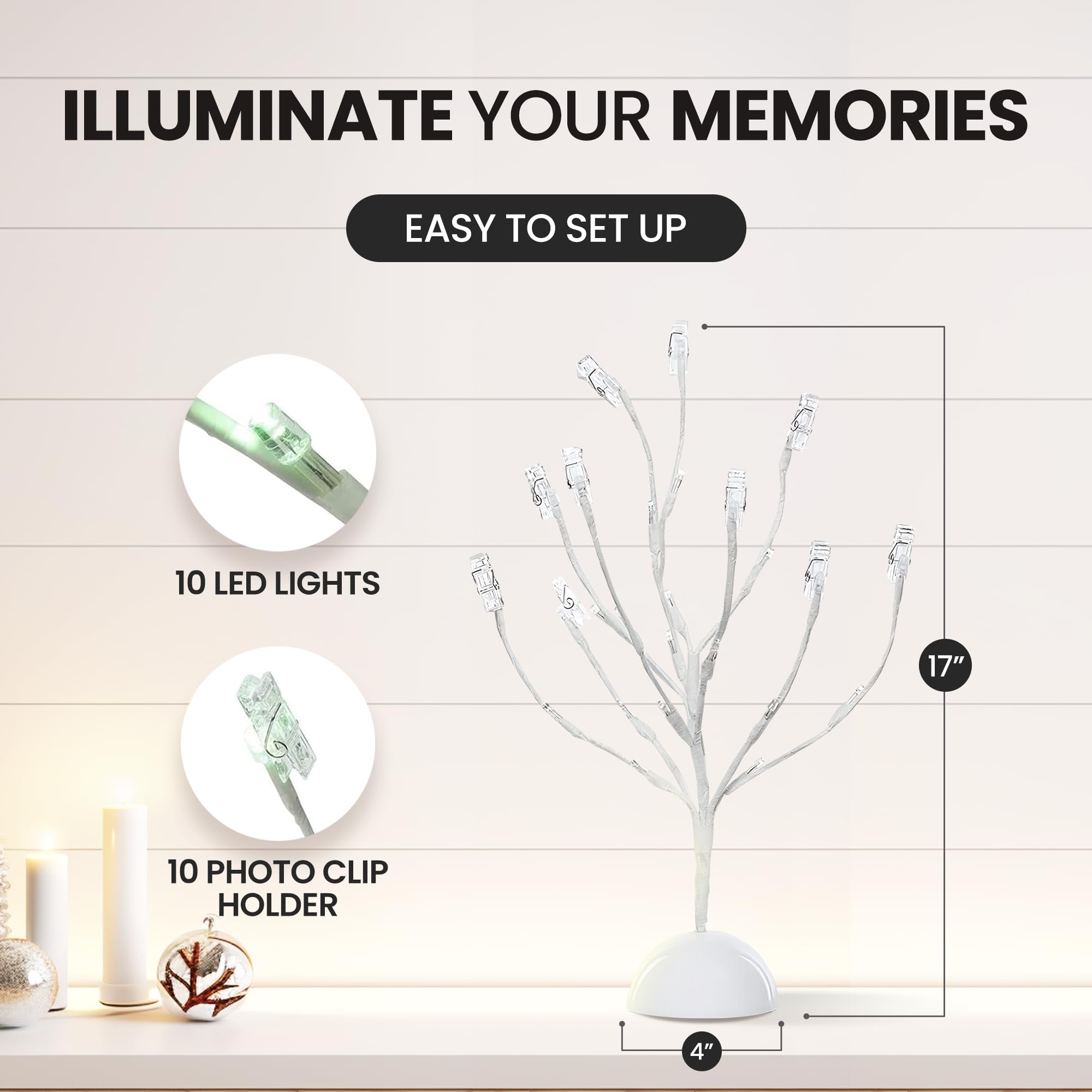 MEIN SCHATZ Money Tree Gift Card Holder with 10 Clips & LED Lighted Tips - White Money Tree Gift Holder for Cash - Ideal Present for Wedding, Birthday, Easter & Christmas - Photo & Gift Card Tree
