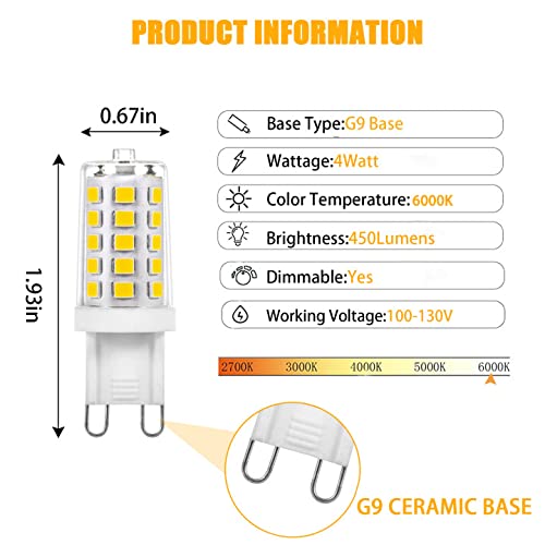 MRAFNELU G9 LED Bulb Dimmable, Daylight White 6000K 4W Equivalent to 40W Halogen Bulb, 120V Bi Pin Base LED Blubs 360°Beam Angle 450LM for Home Lighting(6 Pack)
