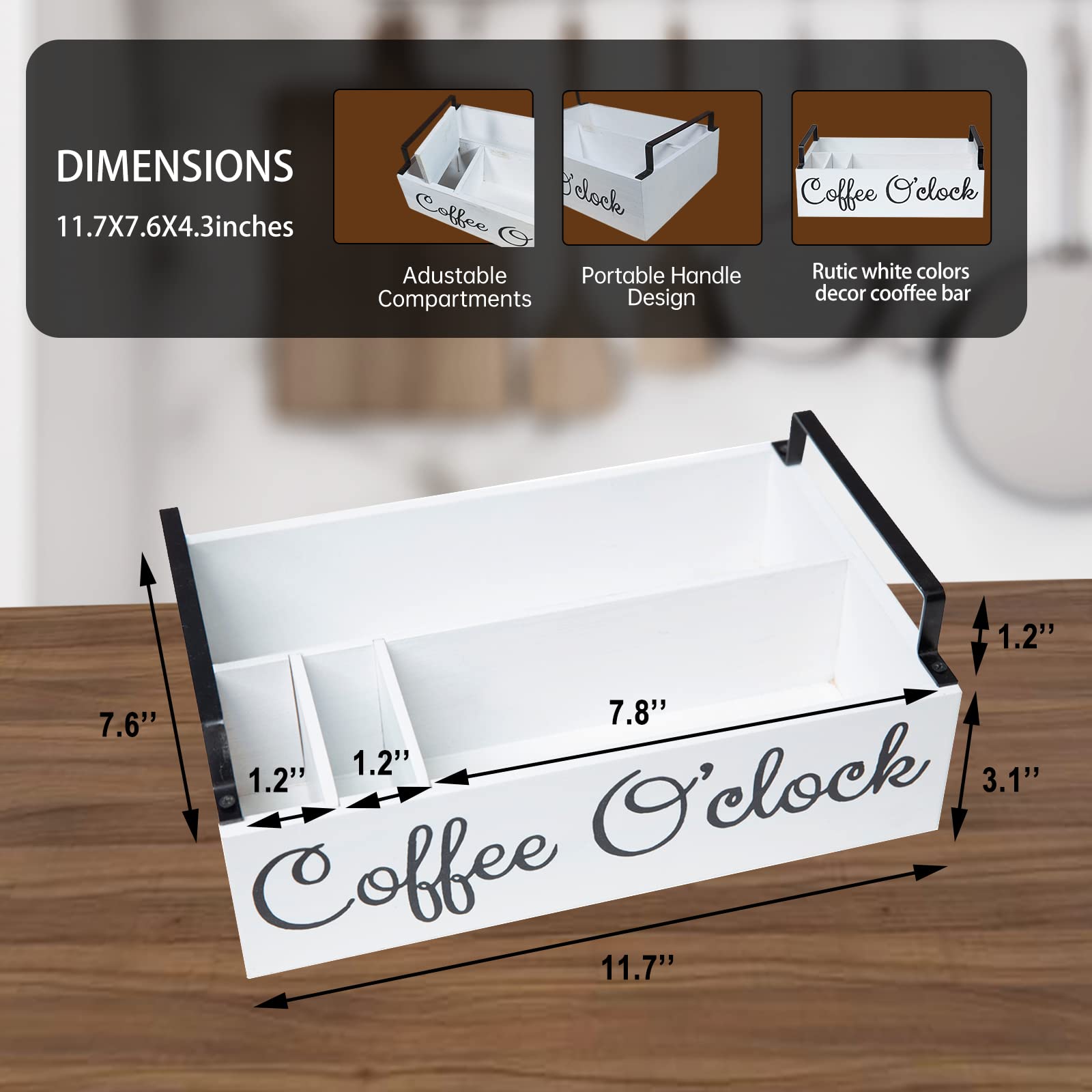 QUALLON Coffee Station Organizer with Small Removable Dividers, Wooden Coffee Bar Accessories Storage For Countertop, Farmhouse Kcup Coffee Pod Holder Basket With Handle For Coffee Lover - white