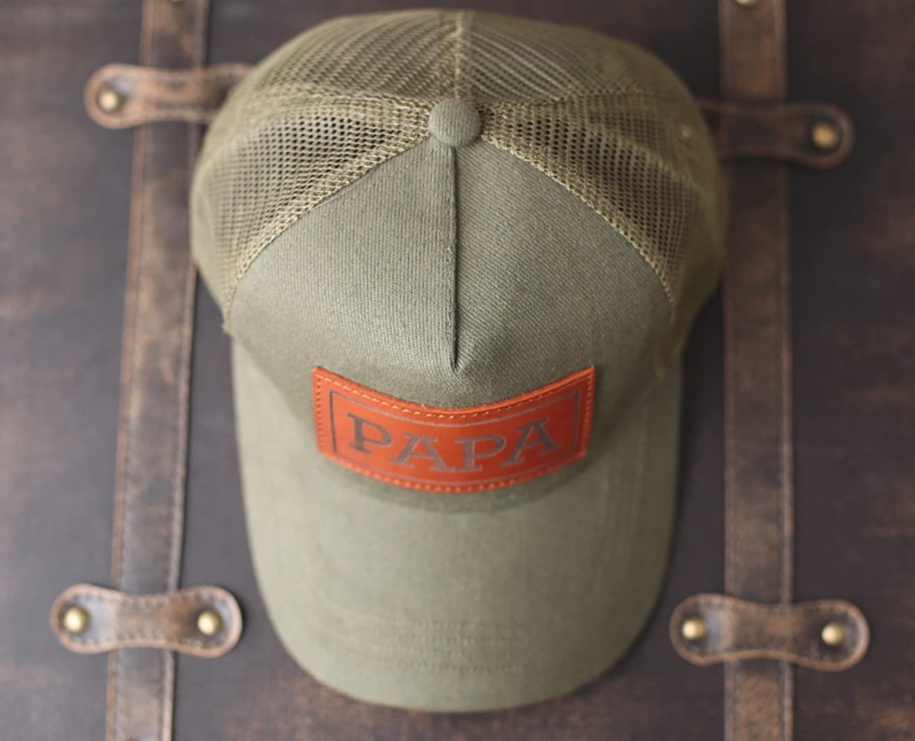 Papa Hat,Leather Patch Hat Papa for Papa Baby Announcement Gift for Papa Olive