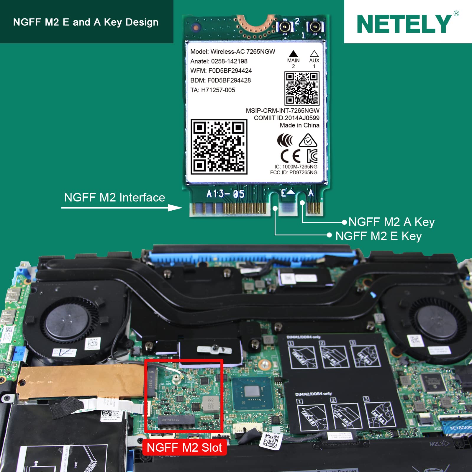 NETELY Wireless-AC 3165NGW NGFF M2 Interface WiFi Adapter with Bluetooth 4.2, Intel Wireless-AC 3165NGW, 2.4GHz 150Mbps & 5GHz 433Mbps Wireless Network Card (Wireless-AC 3165NGW)