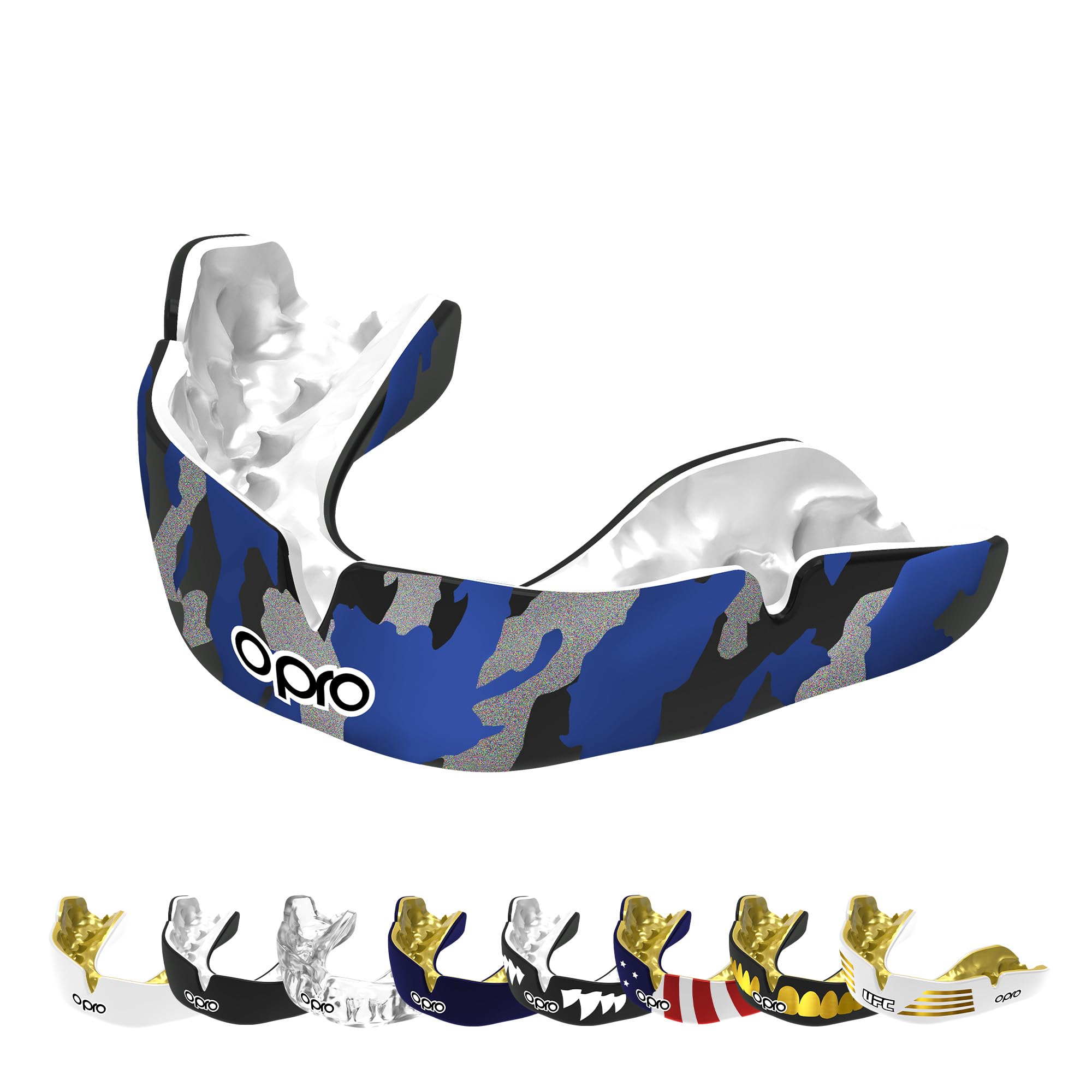 OPRO Instant Custom-Fit Sports Mouth Guard, Revolutionary Fitting Technology for Ultimate Comfort, Protection & Fit Gum Shield Dentist Mouthguard, for Rugby, Boxing, Hockey, MMA (Blue Camo, Adult)