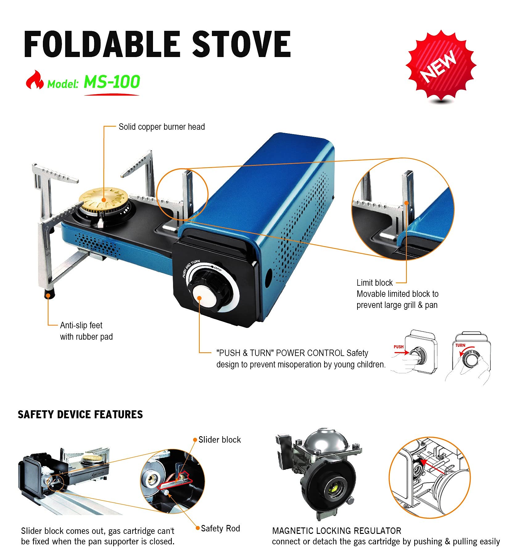 Maxsun Camp Stove Compact Butane Stove with Carrying Case MS-100, 7,250BTU, Foldable Portable Stove