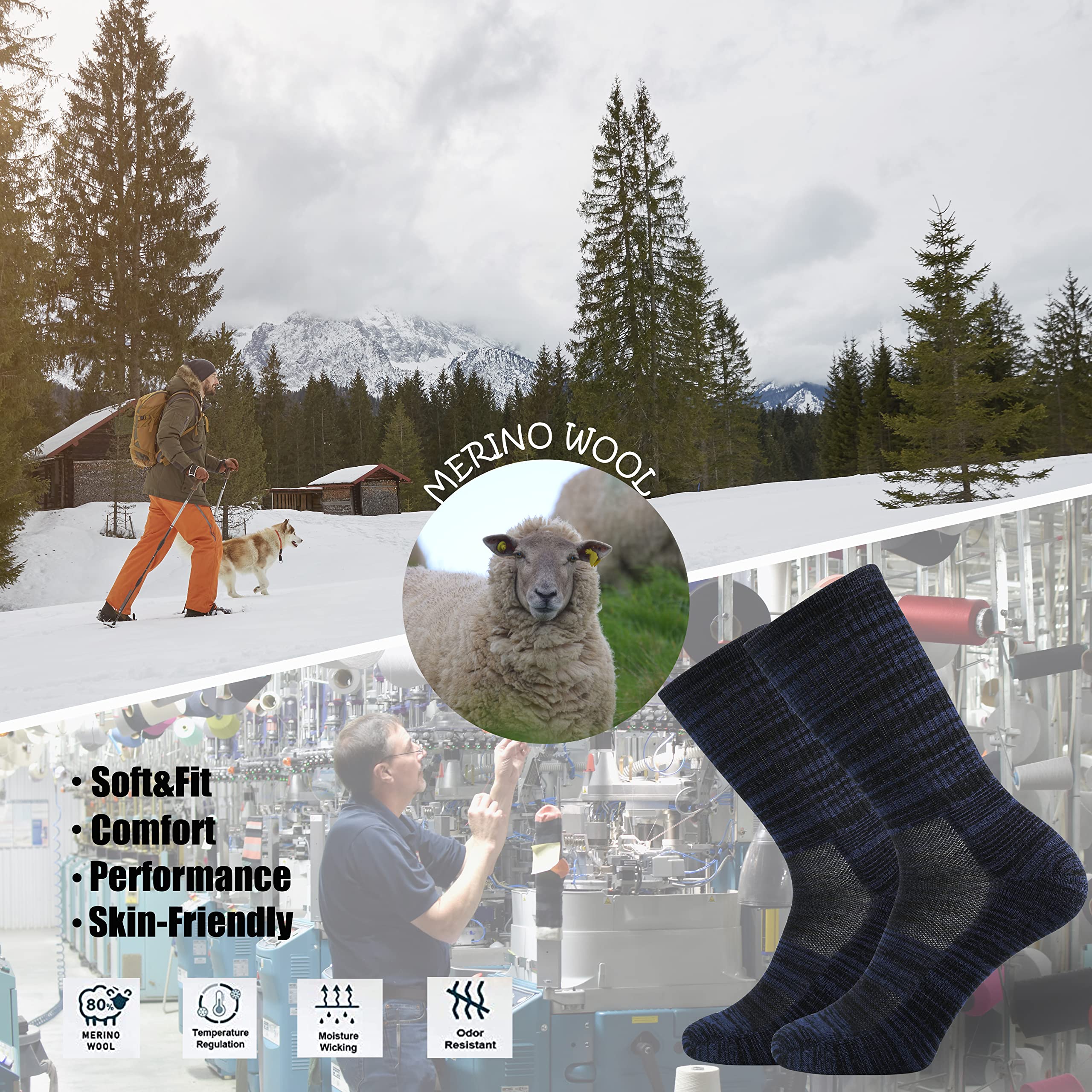 Ortis Men's Merino Wool Cushion Crew Socks with Moisture Wicking Control Light Weight Breathable for Outdoor Hiking Cycling(Navy Blue L)