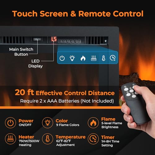 ORALNER Electric Fireplace Insert 50 Inch Wide, Recessed & Wall-Mounted Fireplace Heater with Thermostat, 9 Flame Colors & 5 Adjustable Brightness, Remote Control & 8H Timer, 750W/1500W (50 Inches)