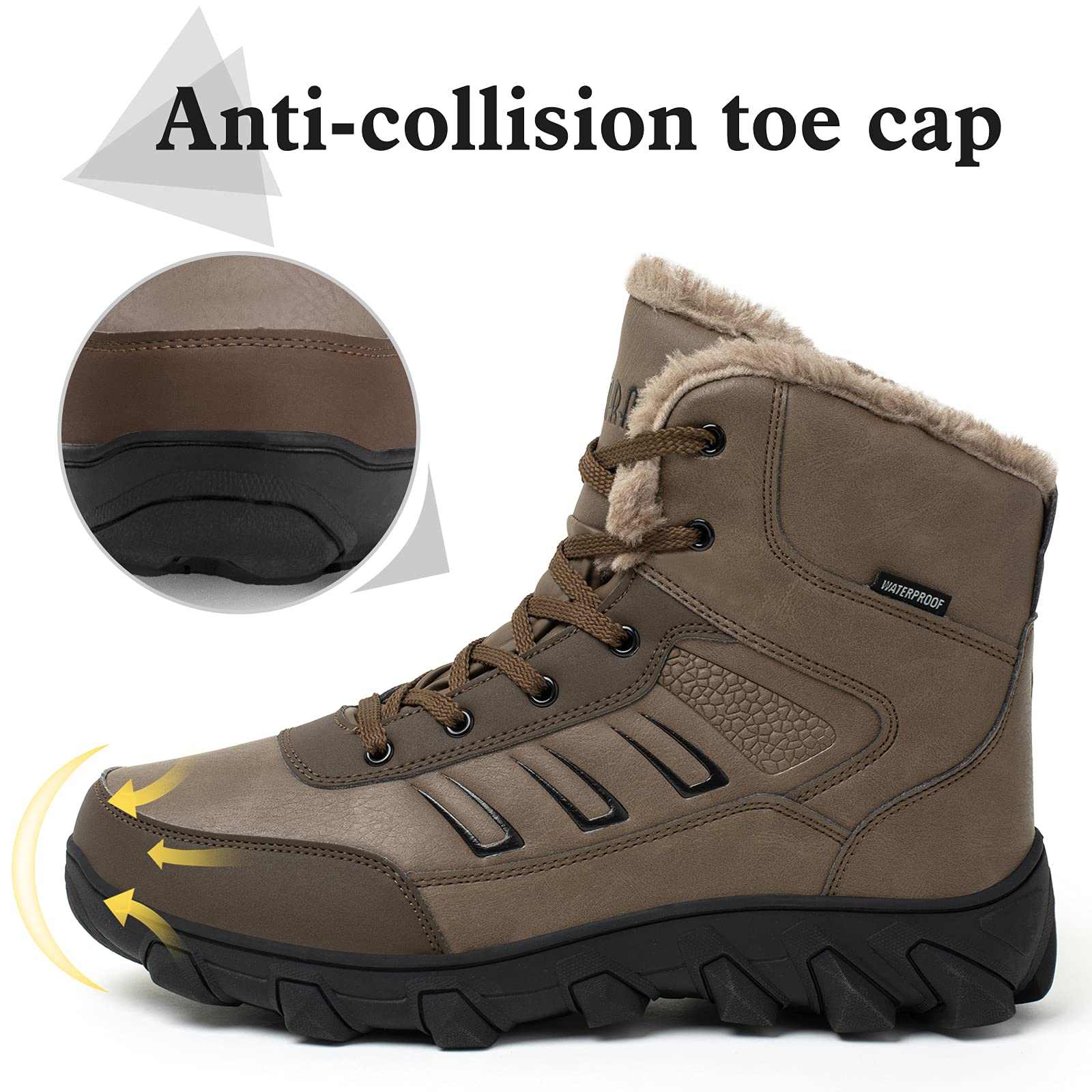 Pamray Men Winter Snow Boots Warm Waterproof Mid Calf Shoes Outdoor Hiking Climbing with Full Fur Lined Dark-Brown 46