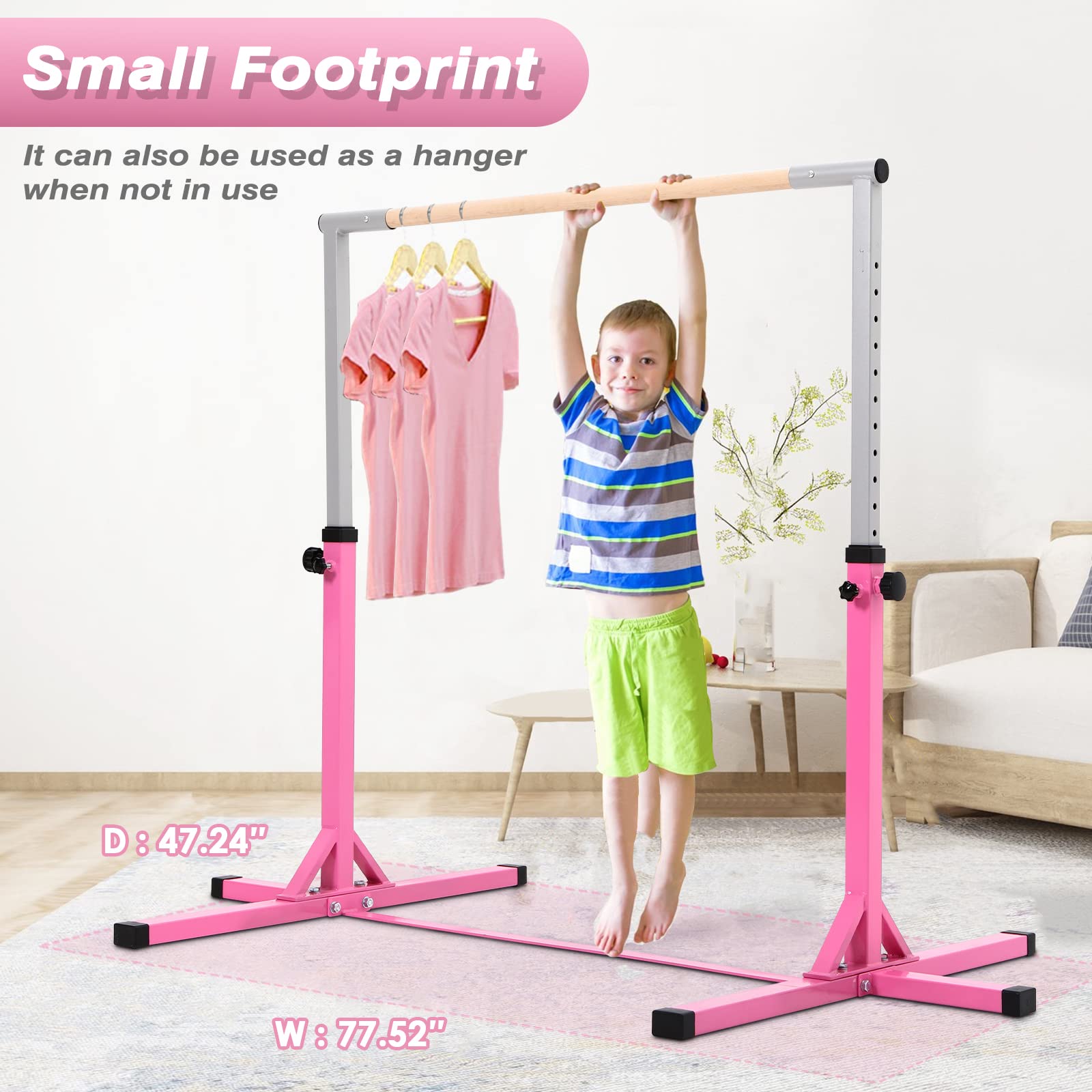 PanAme Expandable Gymnastics Kip Bars, 3' to 5' Adjustable Height Horizontal Bars, Home Gym Equipment for Junior Training Monkey Bars for Kids Indoor (Pink)