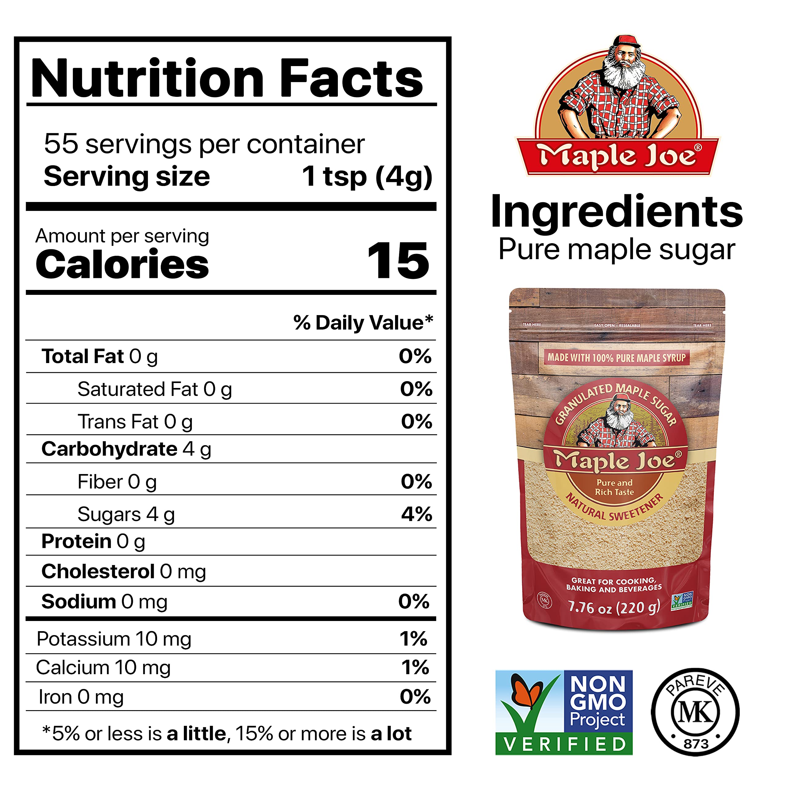 Maple Joe Pure Maple Sugar Granulated, Made With 100% Grade A Maple Syrup. Powdered Maple Sugar For Cooking & Baking. White Or Brown Sugar Substitute. Fat Free, Non-GMO, Gluten Free & Vegan. 7.8 oz /220g