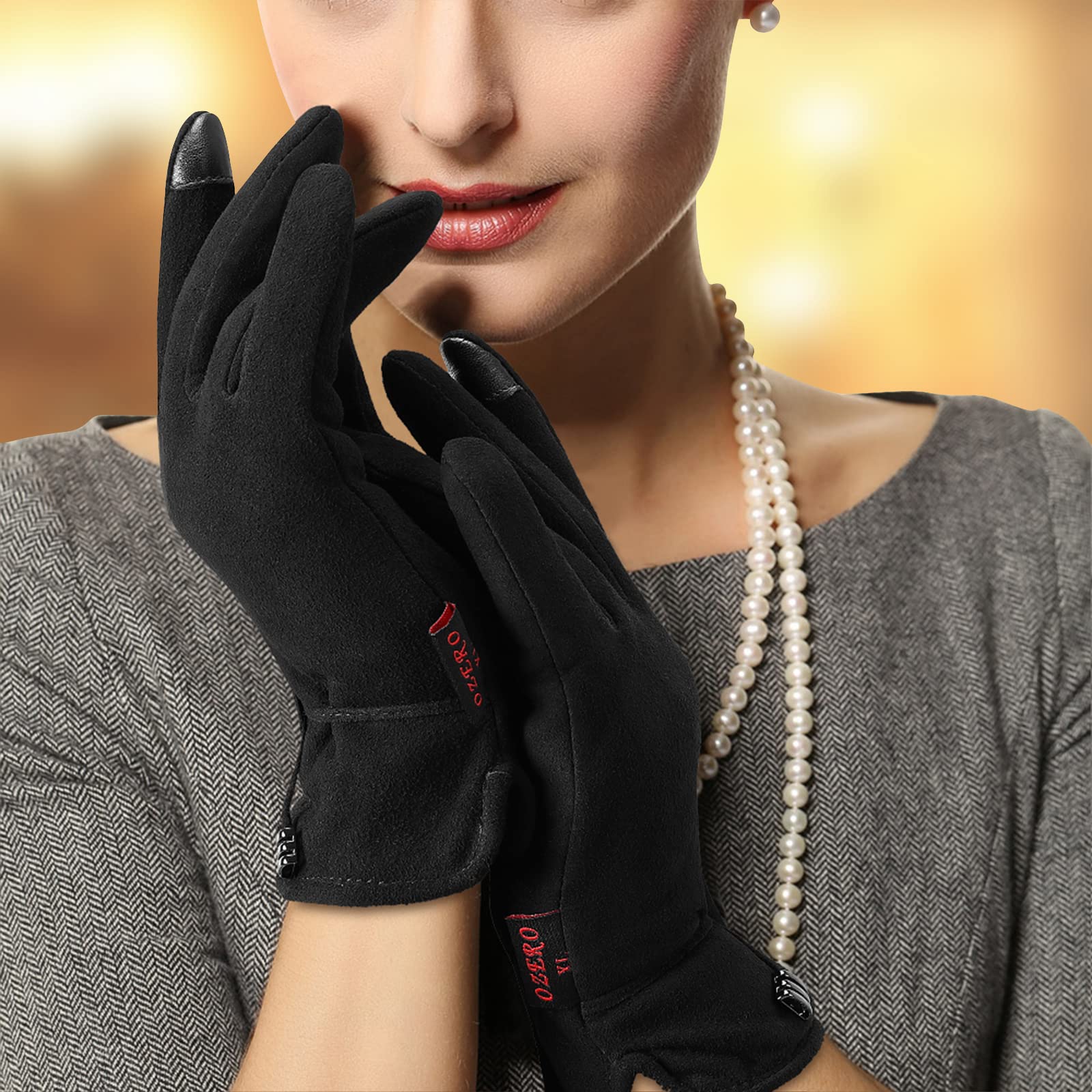 OZERO Women Winter Touchscreen Gloves: Deer Leather Cold Weather Warm Gloves | Womens Lined Black Touch Screen Thermal Gloves for Cycling Running Driving Texting