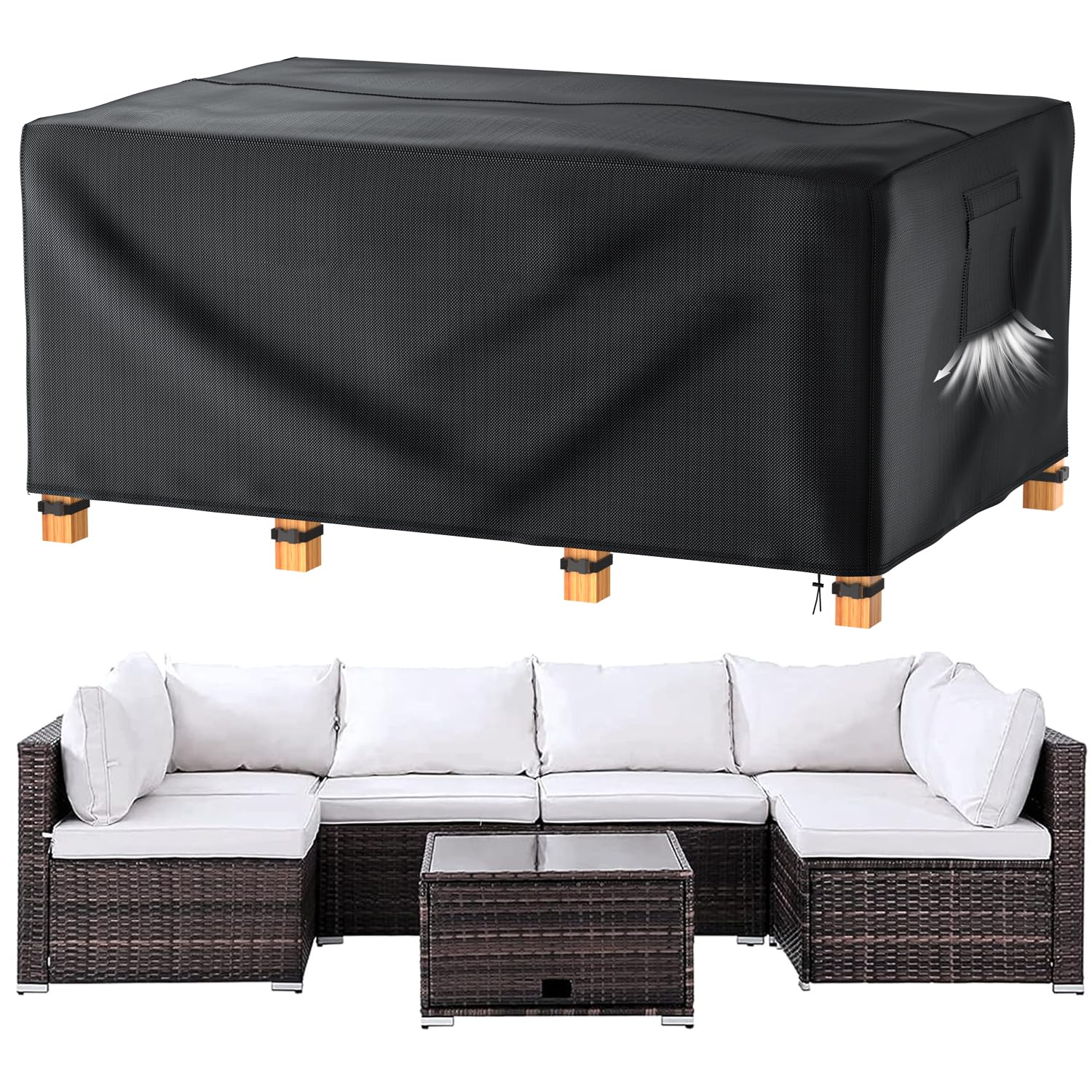 Likorlove Patio Furniture Covers Waterproof, 67"L x 37"W x 28"H Large Outdoor Table and Chair Set Covers, General Purpose Sectional Sofa Set Covers, Rectangular Heavy Duty 600D for Deck, Lawn, Black