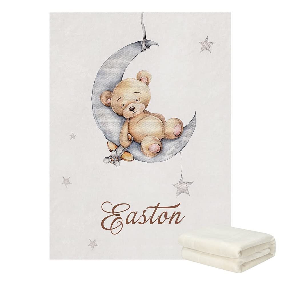 UOOPOO-US Minky Custom Sleeping Bear Sleep on Moon Baby Name Blanket, Baby Girl Gift Personalized, Customized Cute Flower Elephant Name Blanket Newborn Crib Blanket 30" x 40"