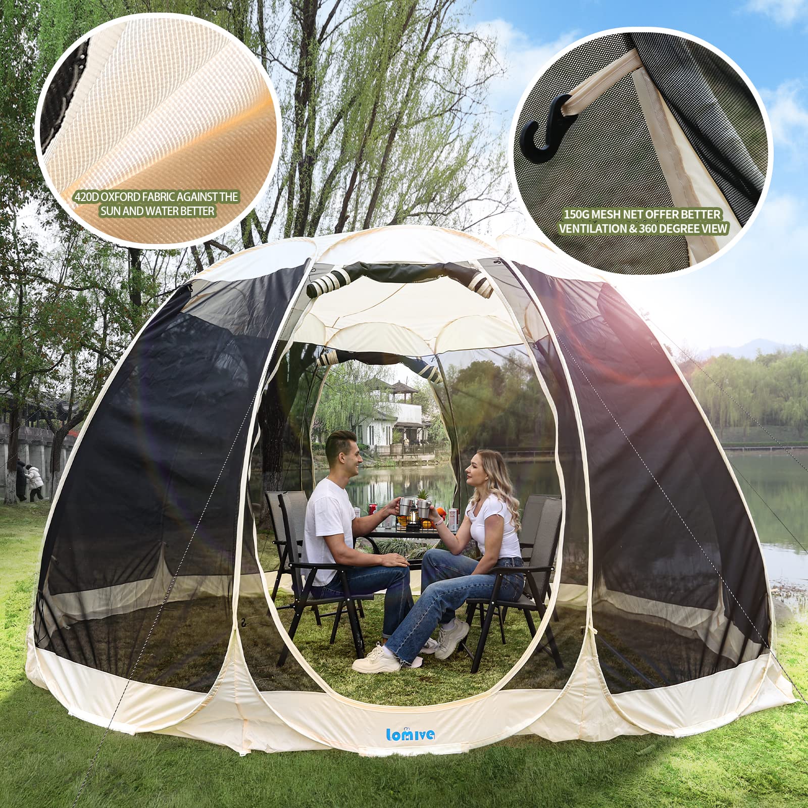 Lomive Screen Gazebo with Thickened Mesh, Pop-Up Screen House Room for 4-15 Persons, Outdoor Camping Tent Canopy for Patios, Mosquito Net, Instant Tent(Not Waterproof)