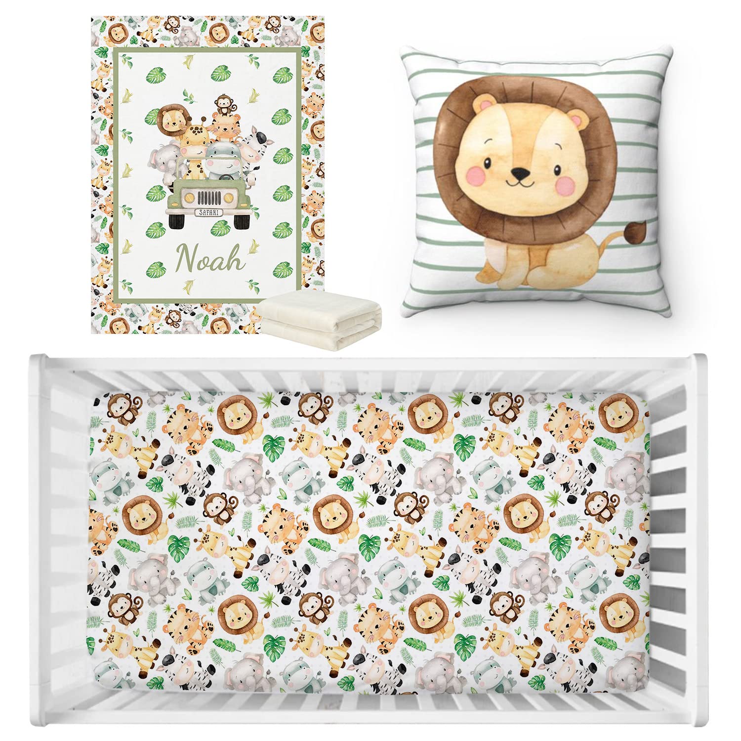 UOOPOO-US Personalized Baby Boy Fitted Crib Sheet Set, Jungle Animals Crib Bedding Set with Name, Baby Boy Bedding Crib Bedding Set, Customized Wild Animals Nursery Crib Sheet Bedding Set