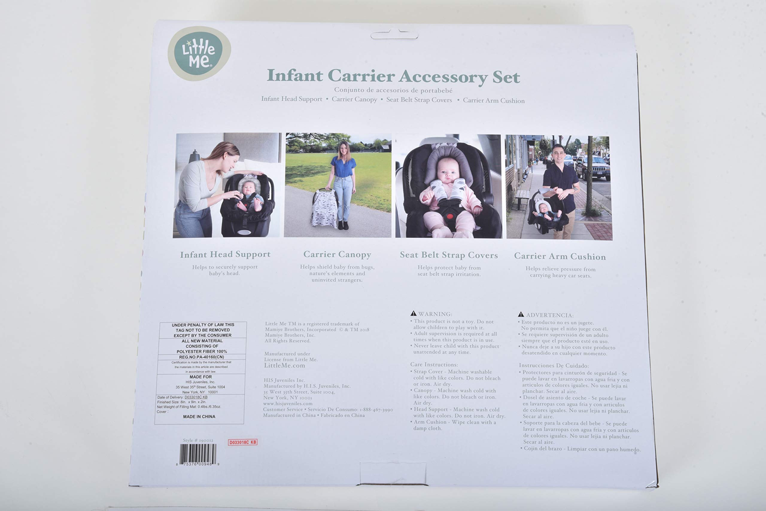 Little Me Baby Carrier Car Seat 4 Piece Set - Includes Infant Head Support, Carrier Canopy, Seat Belt Strap Covers, and Carrier Arm Cushion