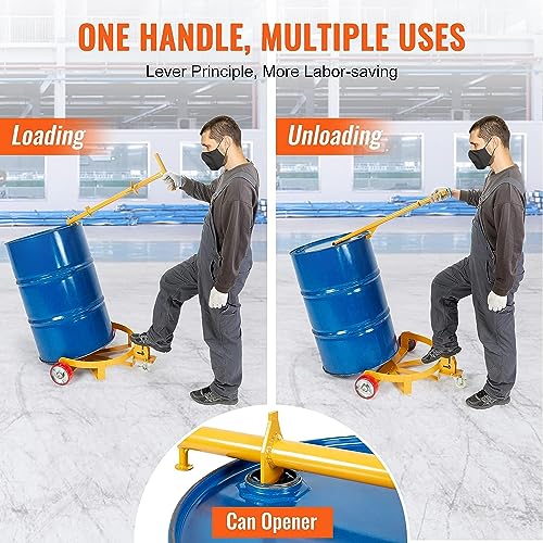 VEVOR 55 Gallon Drum Dolly, Low Profile Barrel Dolly Cart Oil Drum Caddy Round Dolly, 1200 lbs Load Capacity, Heavy Duty Steel Drum Dolly with Adjustable Handle for Workshop Factory Warehouse