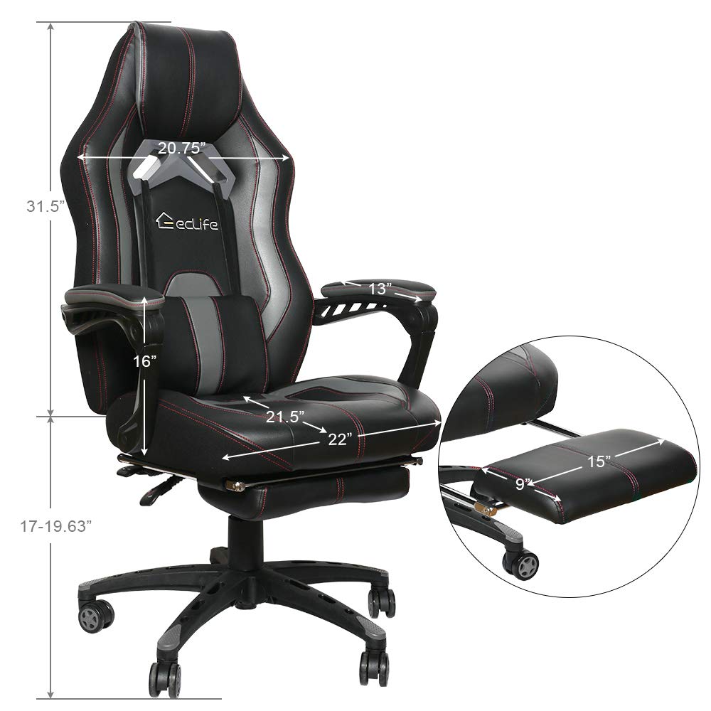 Massage Gaming Chair Racing ,Office Chair Video Game Chair,High Back PU Leather PC Racing Computer Desk Office Swivel Recliner with Retractable Footrest and Adjustable Lumbar Cushion Support (Grey)