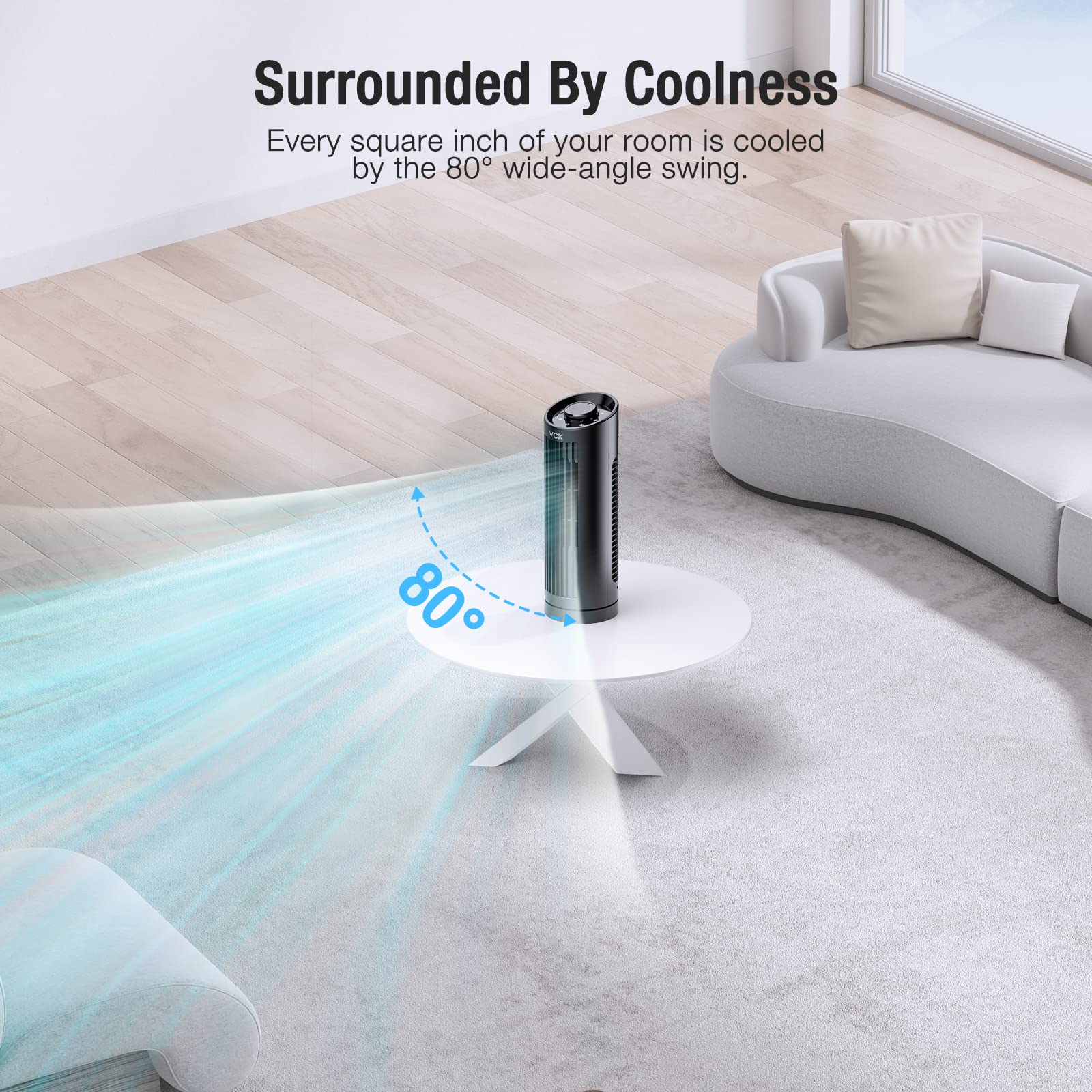 VCK 80° Oscillating Fan, 13'' Tower Fan Bladeless Desk Fan with 3 Speeds, Quiet Operation, Compact & Portable Table Fan for Bedroom Home Office Desktop