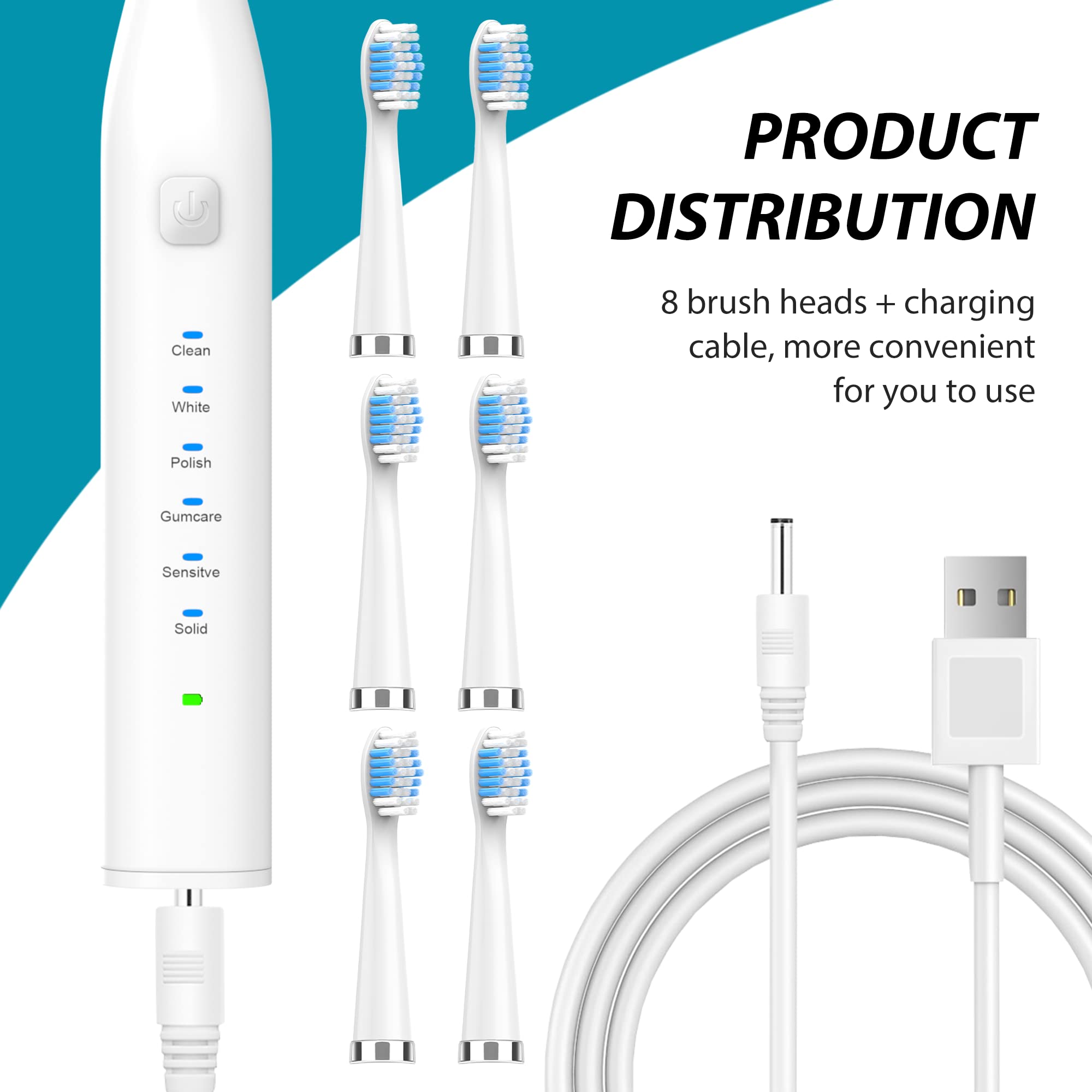 VDTG 2pcs White Electric Toothbrush, Adult Rechargeable Toothbrush, 6 Optional Modes and 2-Minute Built-in Timer, Waterproof Function, USB Fast Charging