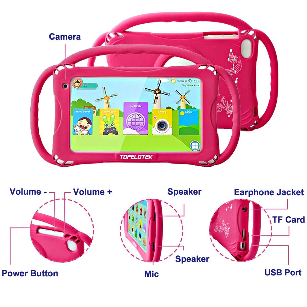 TOPELOTEK Kids 7.0 Inch Tablet with 32GB Storage, 1.6GHz Quad-Core CPU, Android 9.0, Wifi, Bluetooth, Cameras, 4000mAh Battery, 3-Hand Silicone Case, Adjustable Stand