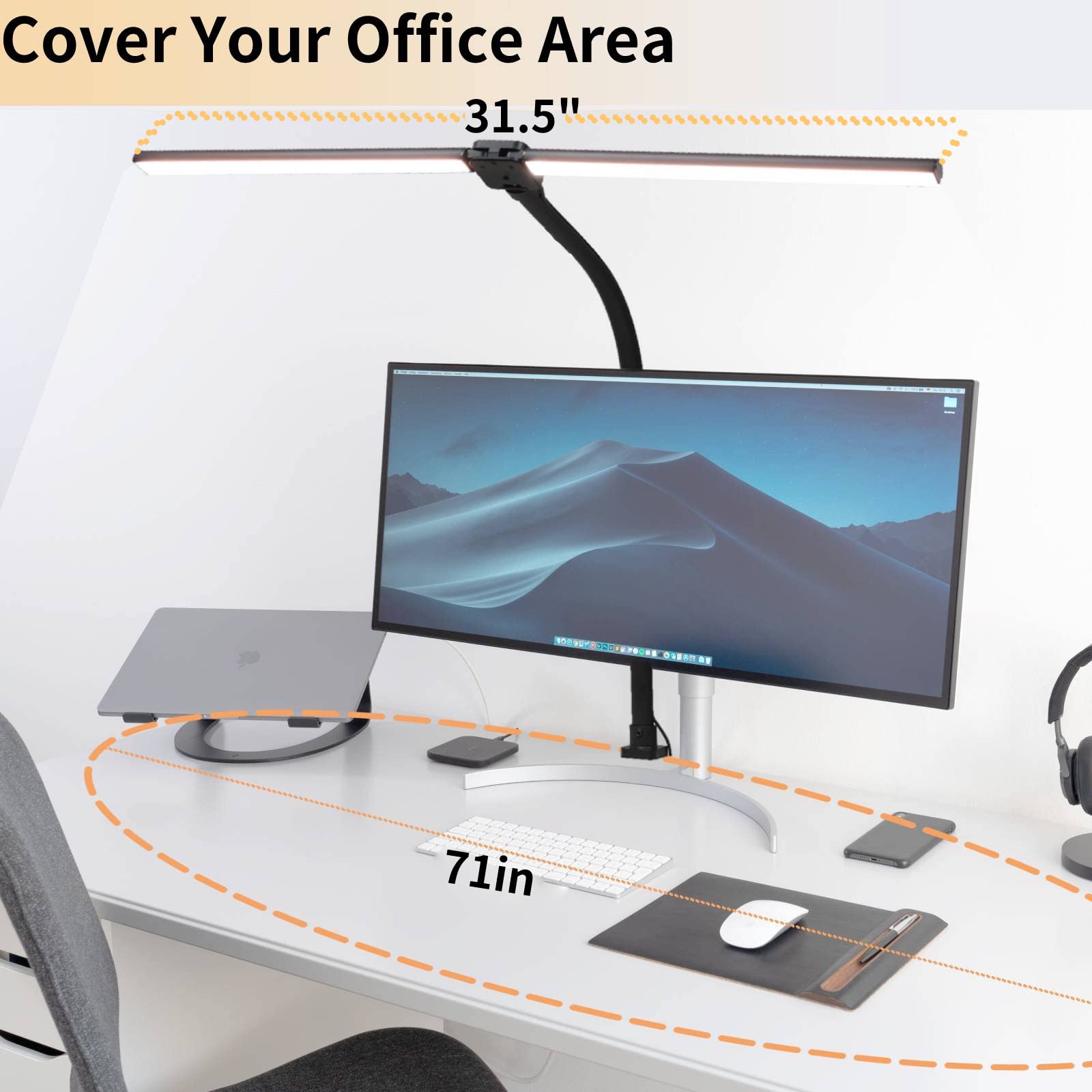 MYUANGO LED Desk Lamp for Home Office- 5 Color Temperatures and Stepless Dimming - Eye-Caring Table Lamp with Clamp- Flexible Gooseneck and Memory Function