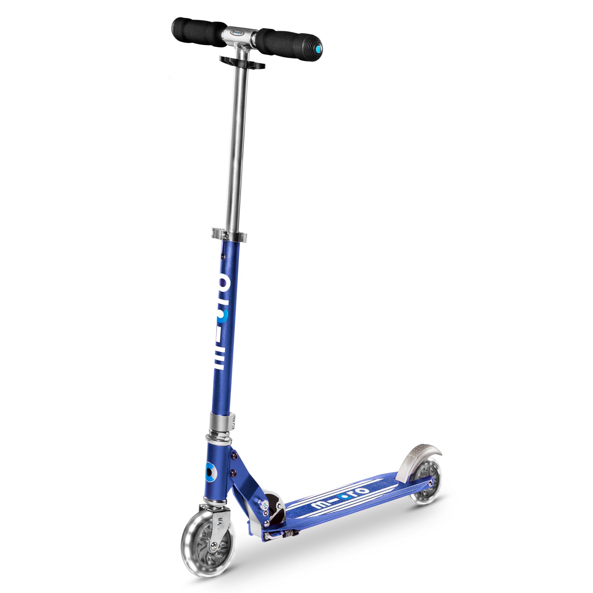 Micro Kickboard - Sprite LED - Two Wheeled, Fold-to-Carry Swiss-Designed Micro Scooter for Kids & Adults with Motion-Activated Light-Up Wheels for Ages 8+ (Blue Stripe)
