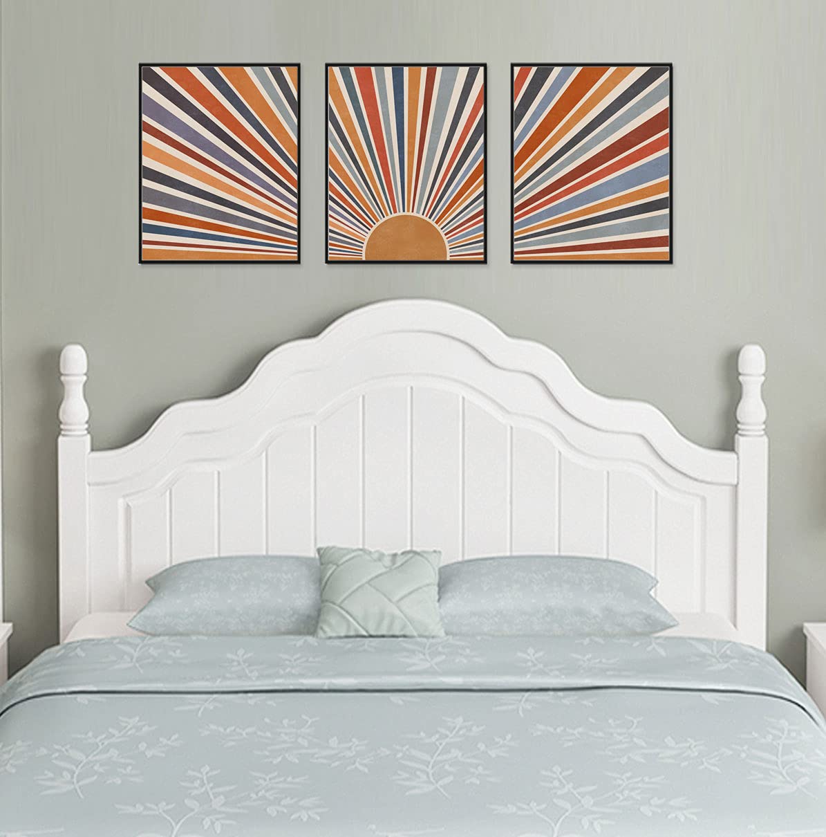 Sun Rays Print Boho Wall Decor Mid Century Modern Geometric Sunshine Wall Art Abstract Sun Boho Print Nursery Blue Orange Decor Set Of 3 UNFRAMED 11X14INCH