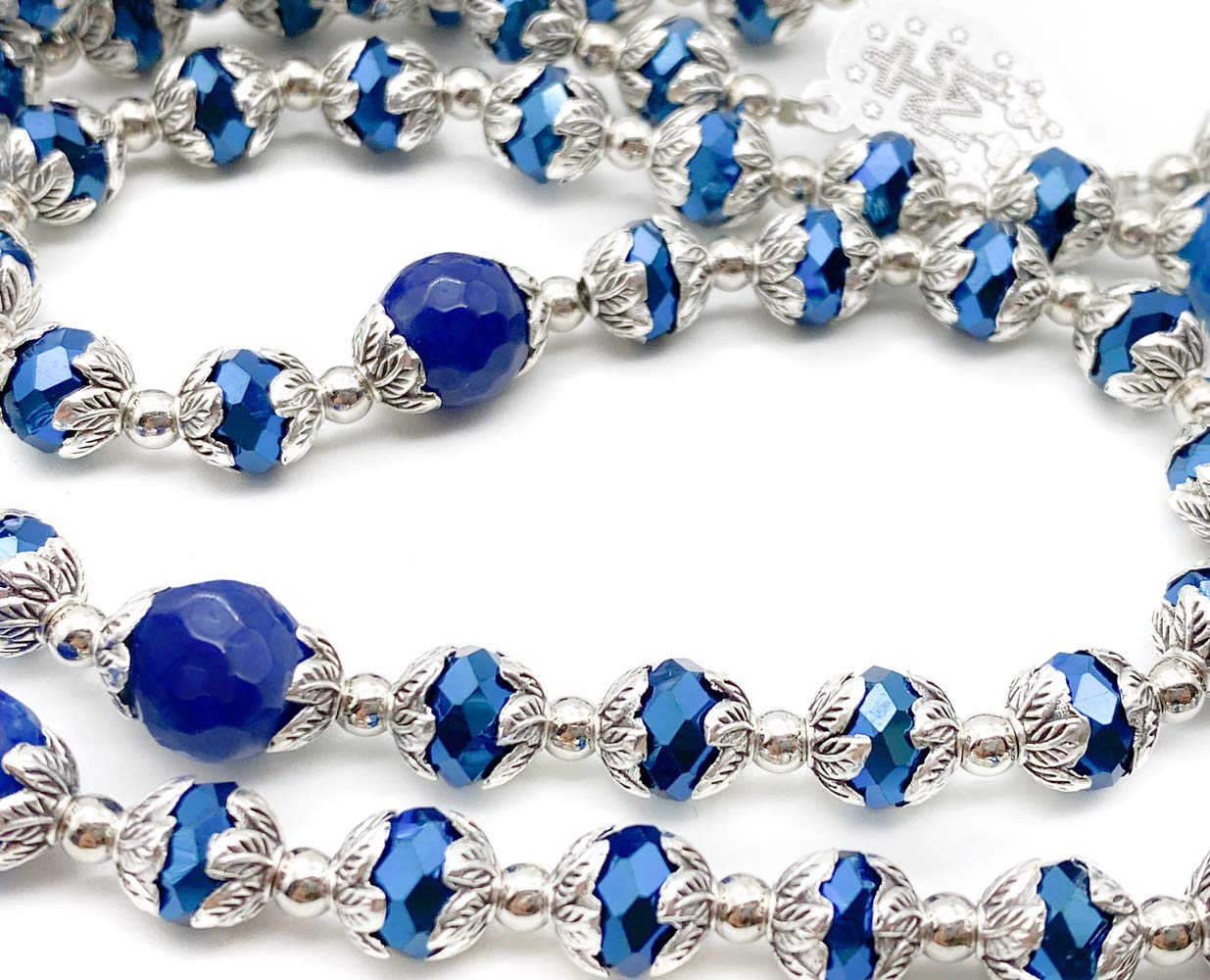 Nazareth Store Deep Blue Crystal Beads Rosary Blue Agate Glory Stone Beaded Necklace Miraculous Medal & Cross Crucifix Religious Rosaries Collection