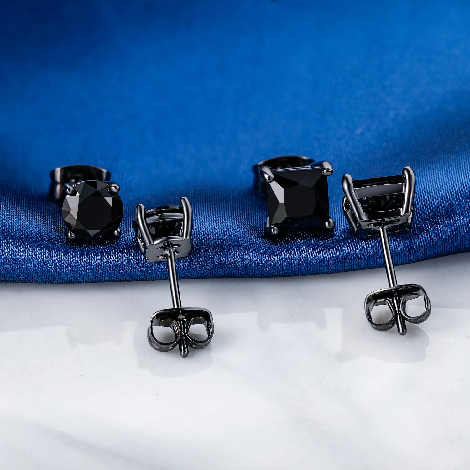 Pack of Earrings Black Cubic Zirconia Stud Set Black Gold Plated Hypoallergenic for Sensitive Ears Post Percing Ear Stud Princess Cut Round CZ