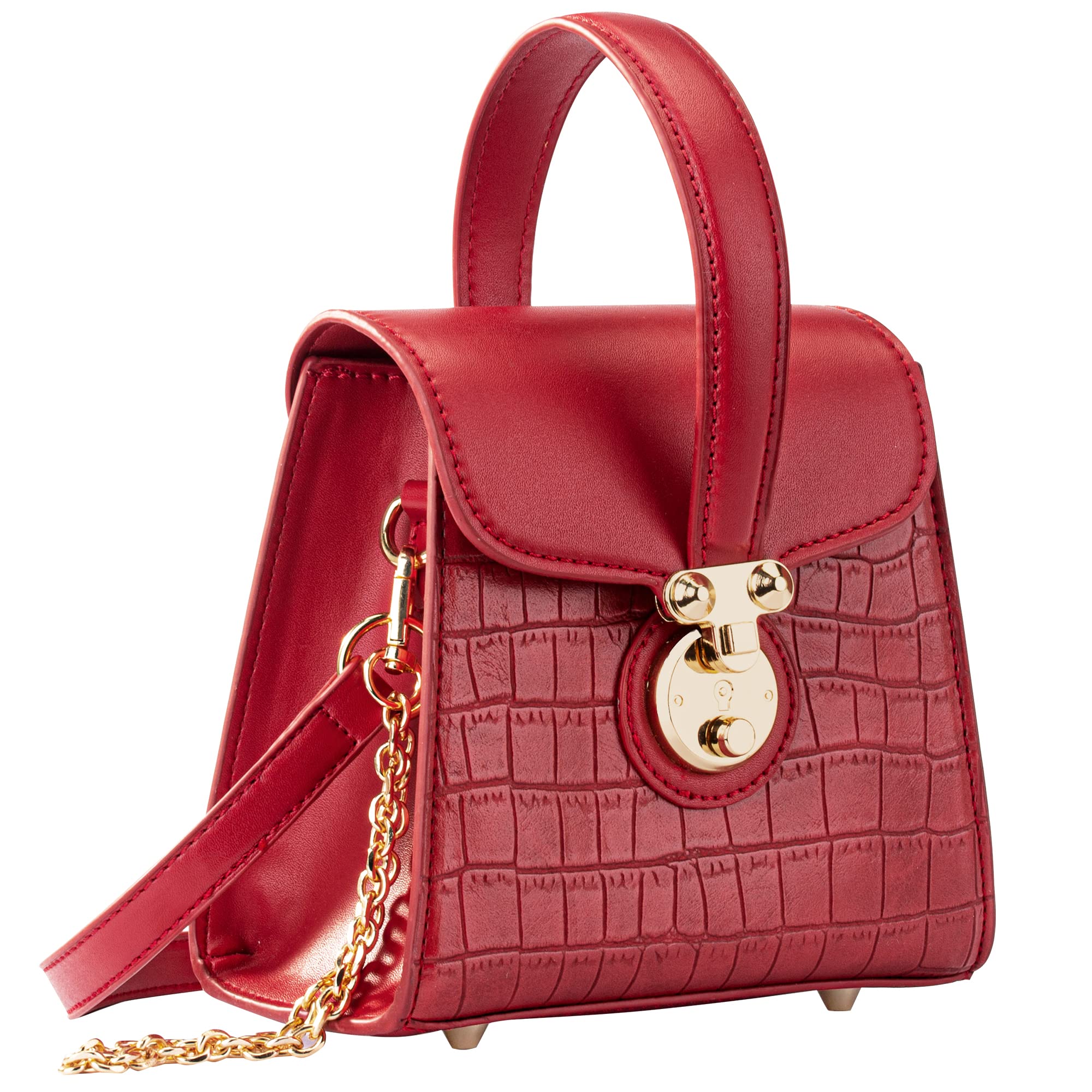 Milan Chiva Top Handle Purse Crocodile Crossbody Bag for Women Trendy Cute Shoulder Handbag with Chain Strap MC-1011RD, Red