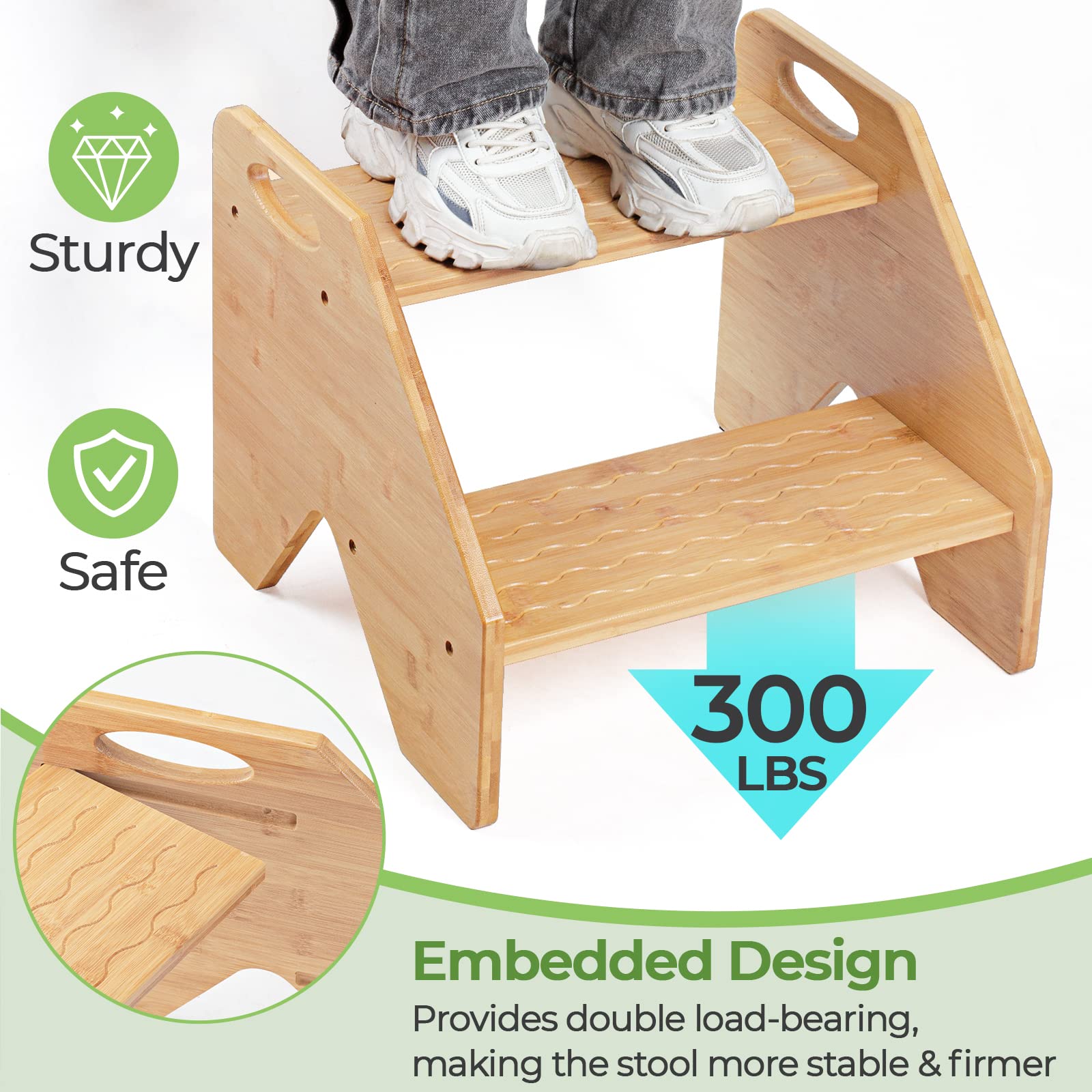 TrueYee Step Stools for Kids, Wooden Toddler Step Stool with Anti-Slip Mats and Handles, Kitchen Step Stool Kids Step Stools for Toddlers Bathroom, 2 Stepping Stool for Kids, 300 lbs