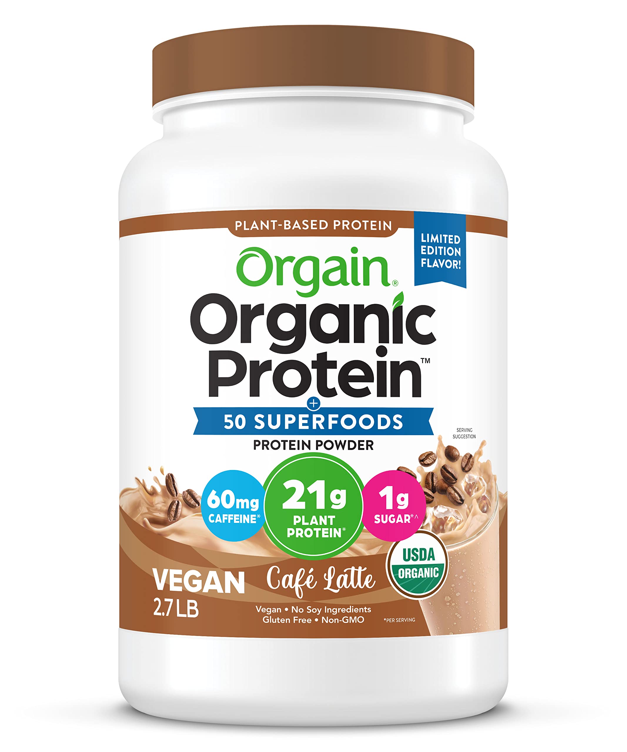 Orgain Organic Vegan Protein Powder + 50 Superfoods, Cafe Latte - 21g, 2.7lb