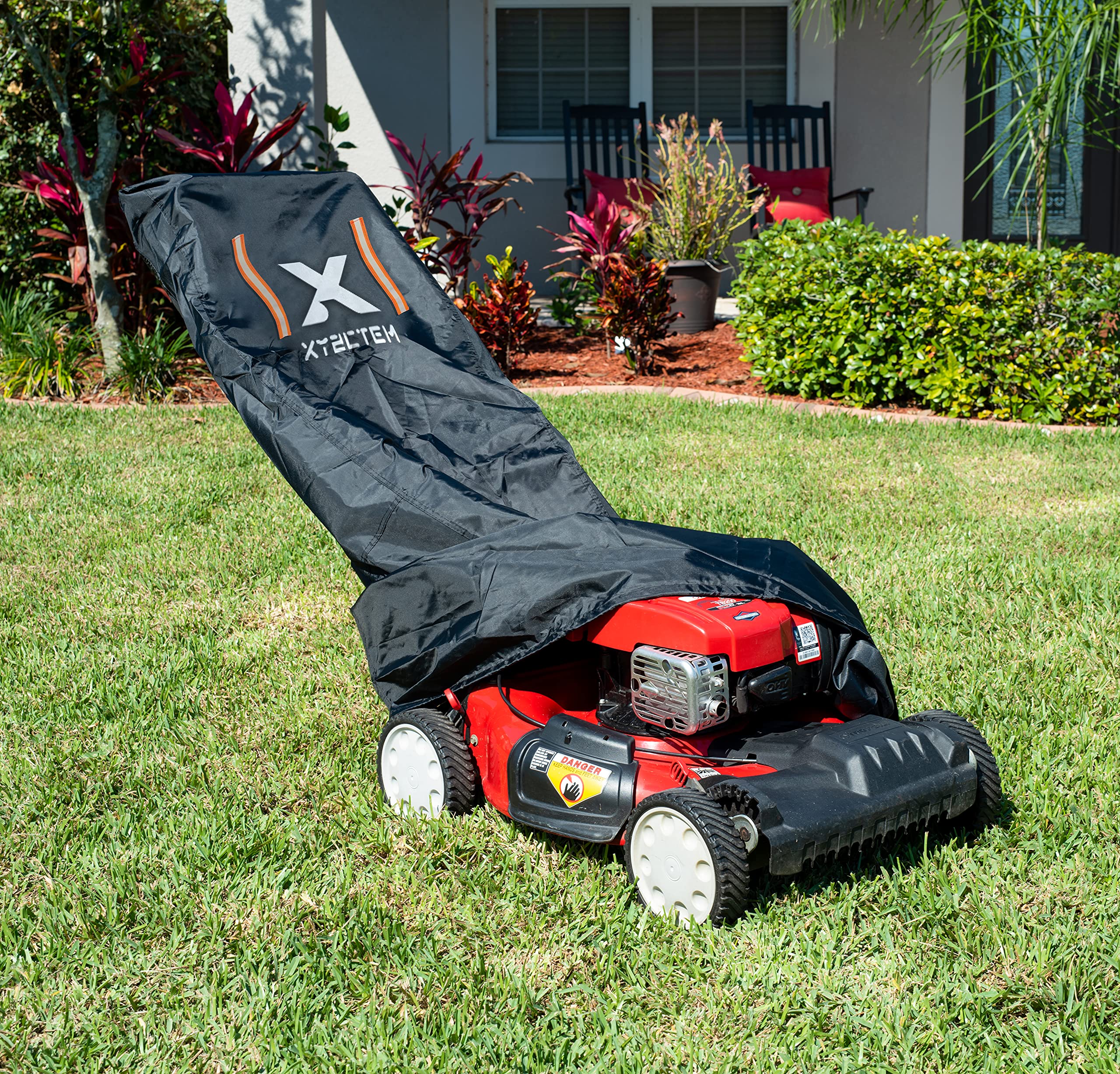 Lawn mower Cover,Heavy Duty with Extreme Waterproof Protection. Rugged, Flexible Oxford Fabric with Eco-Friendly PU Coating. Upgraded Protective Reflective Strip with Water Proof Strip at Seam