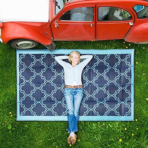 SAND MINE Reversible Mats, Plastic Straw Rug, Modern Area Rug, Large Floor Mat and Rug for Outdoors, RV, Patio, Backyard, Deck, Picnic, Beach, Trailer, Camping (5' x 8', Blue Quatrefoil)