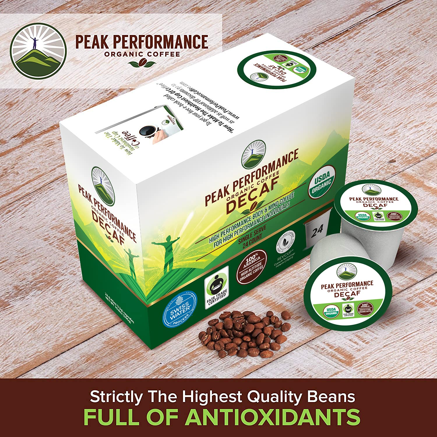 Peak Performance Organic Decaf Coffee Pods - High Altitude USDA Organic Decaf Coffee. High Mental Performance Coffee. Fair Trade, Low Acid Beans Medium Roast Single Serve Decaffeinated. 24 Count Cups