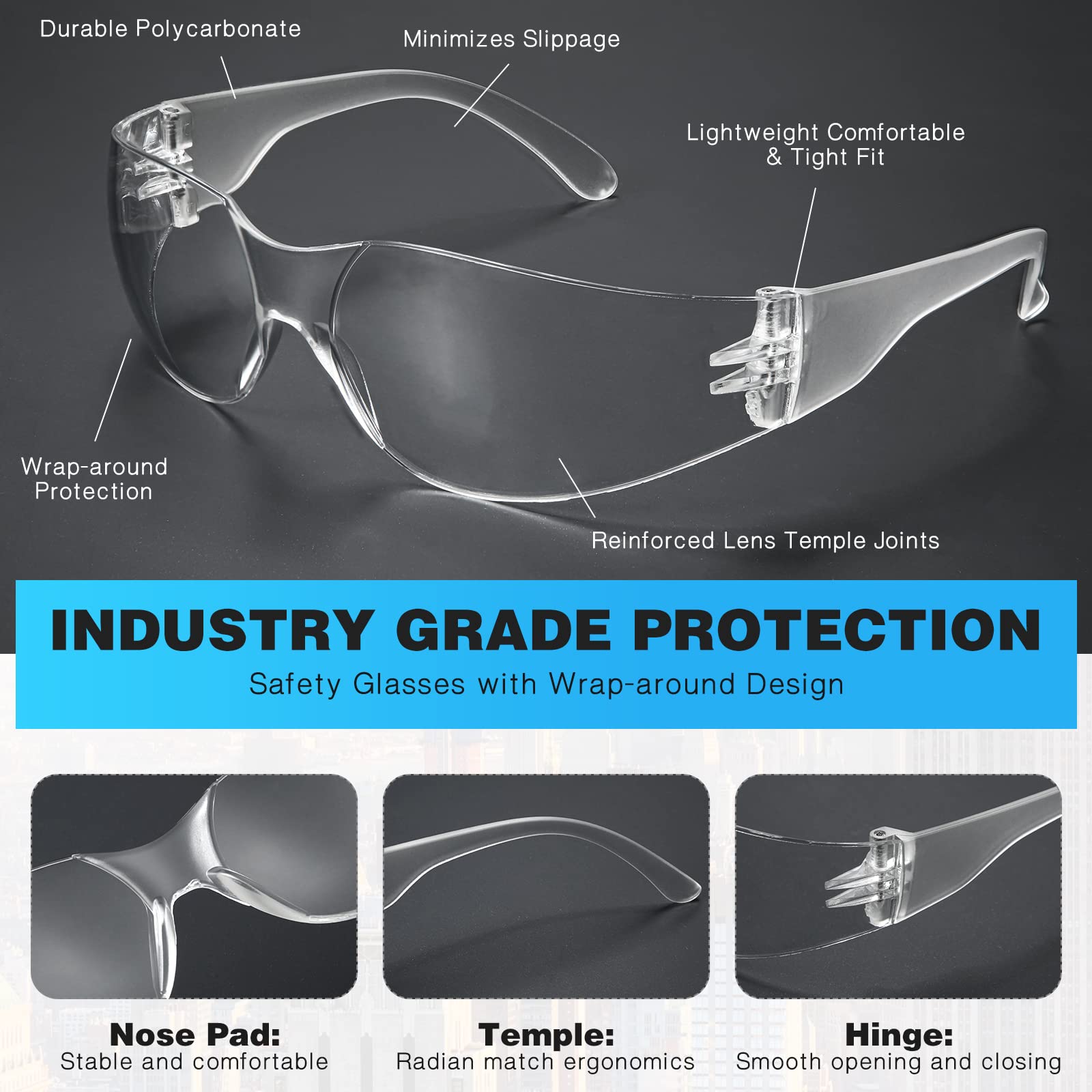 WFEANG Clear Safety Glasses 12 Pair Protective Eyewear for Men Women, ANSI Z87.1 Scratch & Impact Resistant Eye Protection for Work, Lab, Construction (Clear-12pack)