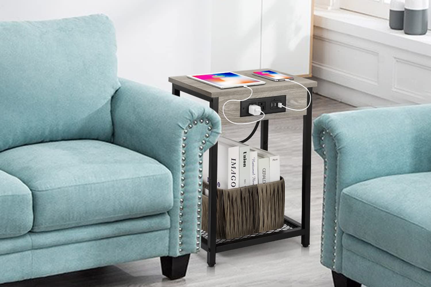 melos Nightstands with Charging Station, 2 Tier Bedside Table with USB Ports and Outlets, Narrow End Table with Storage Shelf, Side Tables for Bedroom, Living Room, Gray