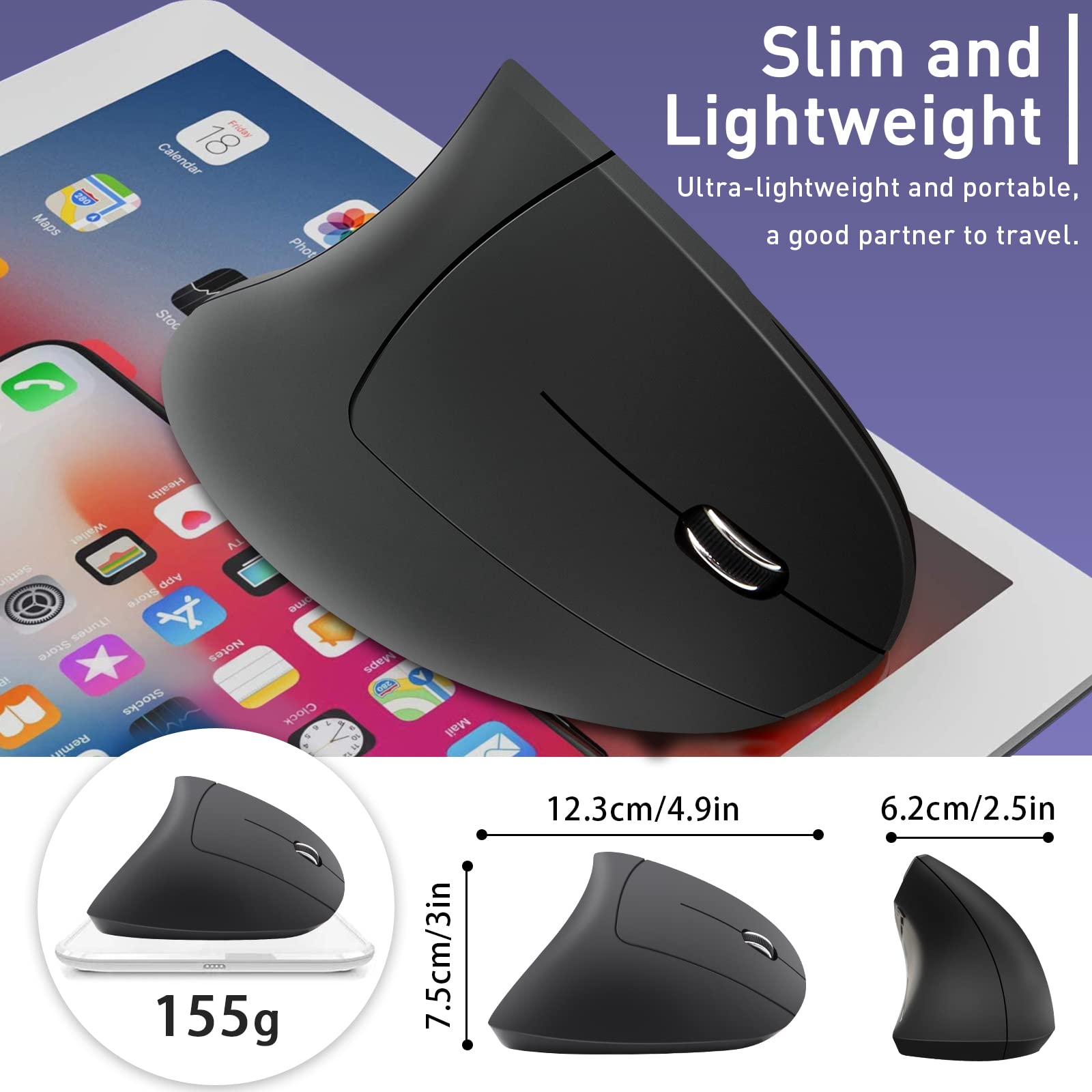 Scettar Ergonomic Mouse Wireless Vertical,2.4G Computer Carpal Tunnel Mouse 6 Buttons Adjustable DPI 800/1200/1600, Reduce Wrist Pain,for Laptop, Desktop, PC, Mac - Matte Black(NOT Batterry Include)
