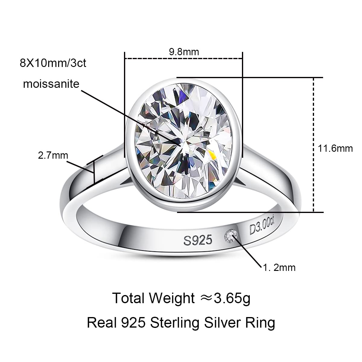 Raivari Moissanite Engagement Rings,3 CT Bezel Setting Oval Lab Created Diamond Solitaire Promise Rings in 14K White Gold Plated Sterling Silver, Anniversary Rings for Women7