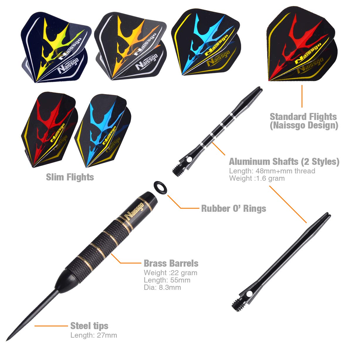 Naissgo Steel Tips Darts Set - Professional Darts Steel Tip with Brass Barrels and Extra Aluminum Shafts, O-Rings, Flights + Dart Tool and Sharpener + Gift Case (Plastic Black Box 22g)