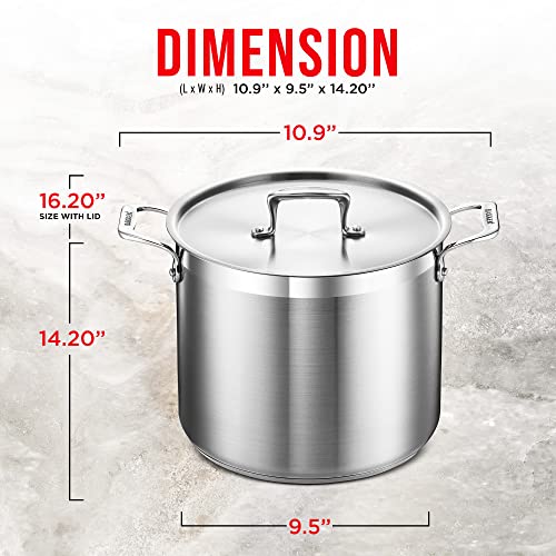 Stockpot – 12 Quart – Brushed Stainless Steel – Heavy Duty Induction Pot with Lid and Riveted Handles – For Soup, Seafood, Stock, Canning and for Catering for Large Groups and Events by BAKKEN