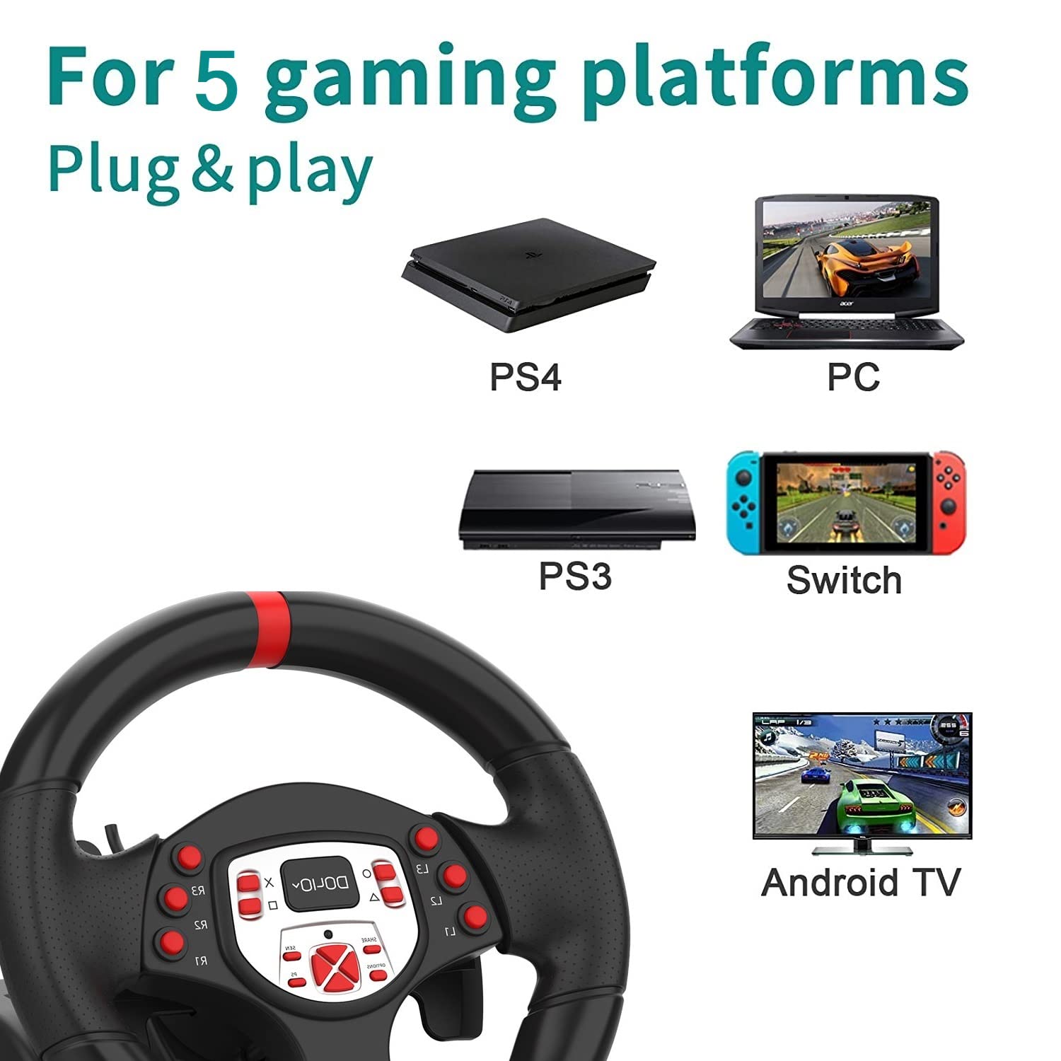 NBCP Racing Wheel,PS4 Steering Wheel Plug and Play Gaming Driving Volante PC 180° USB with Pedals Shifter Bundle for Windows PC / PS4 PlayStation 4 /PS3/Nintendo switch