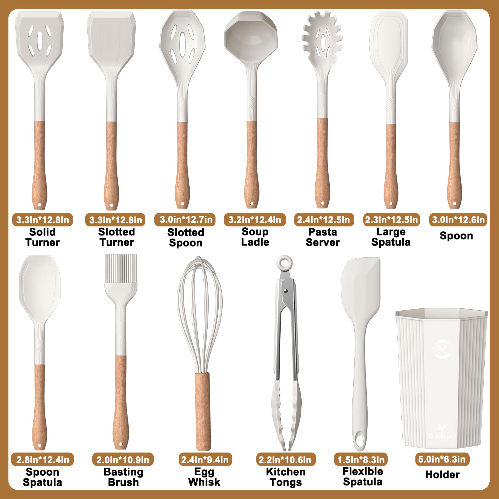 Kitchen Utensils Set- 13 Pcs Cooking Utensils with Tongs, Spoon Spatula &Turner Made of Heat Resistant Food Grade Silicone and Wooden Handles Kitchen Gadgets Tools Set for Nonstick Cookware (White)